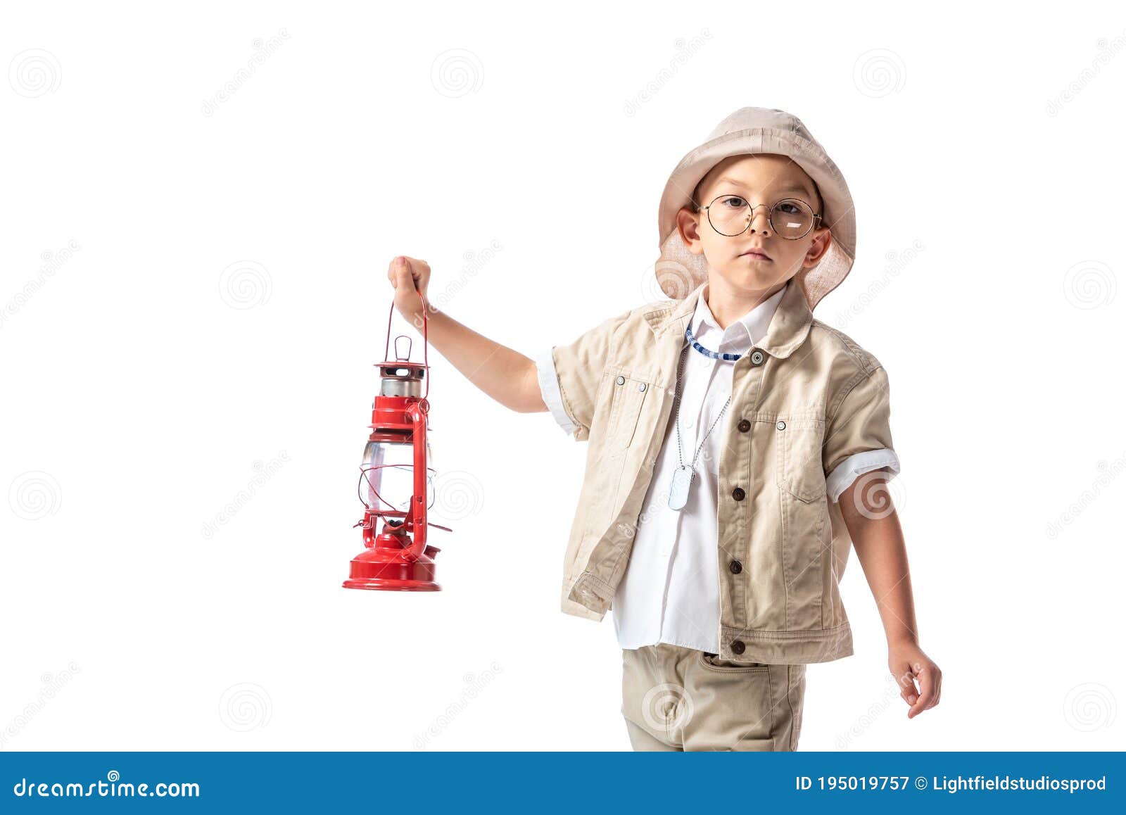Explorer Boy in Glasses and Hat Holding Red Lantern and Looking at ...