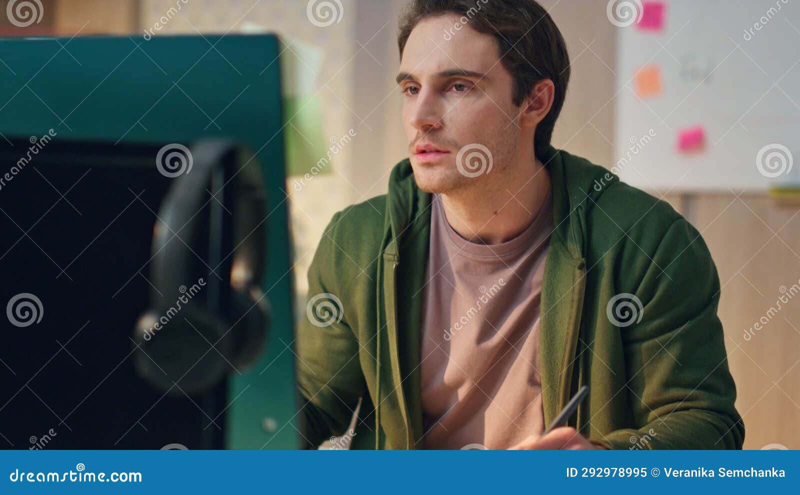 Pensive Freelancer Drawing Tablet Modern Office Closeup. Man Watching ...