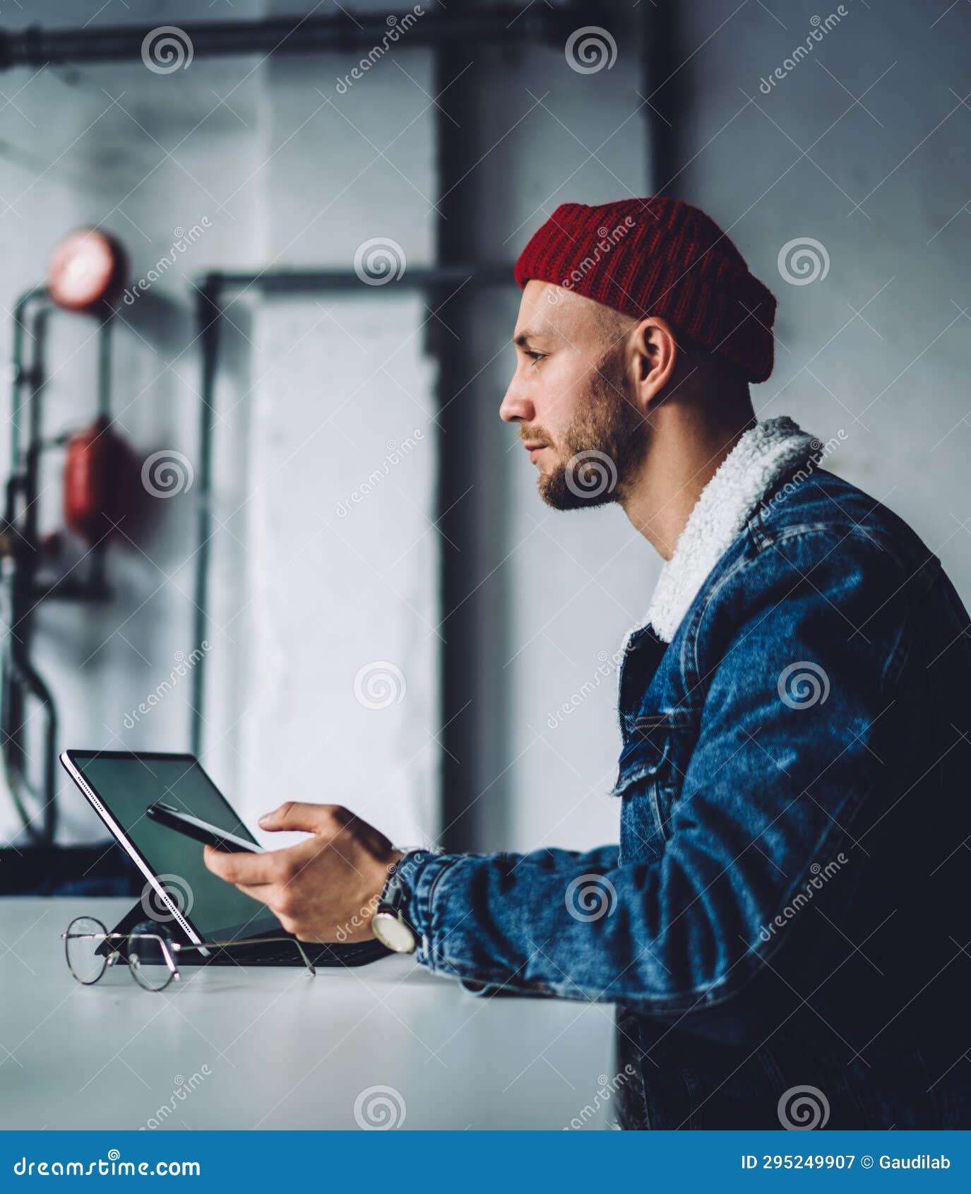 Pensive Freelancer in Office Using Gadgets Stock Image - Image of ...