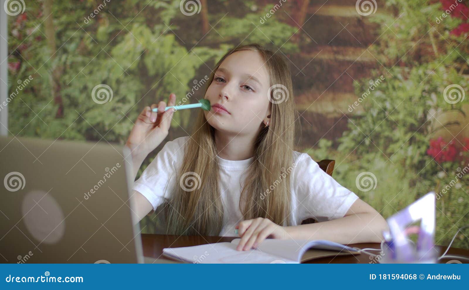 Pensive Girl Student Solving Problem at Homework. Girl Student Doing ...
