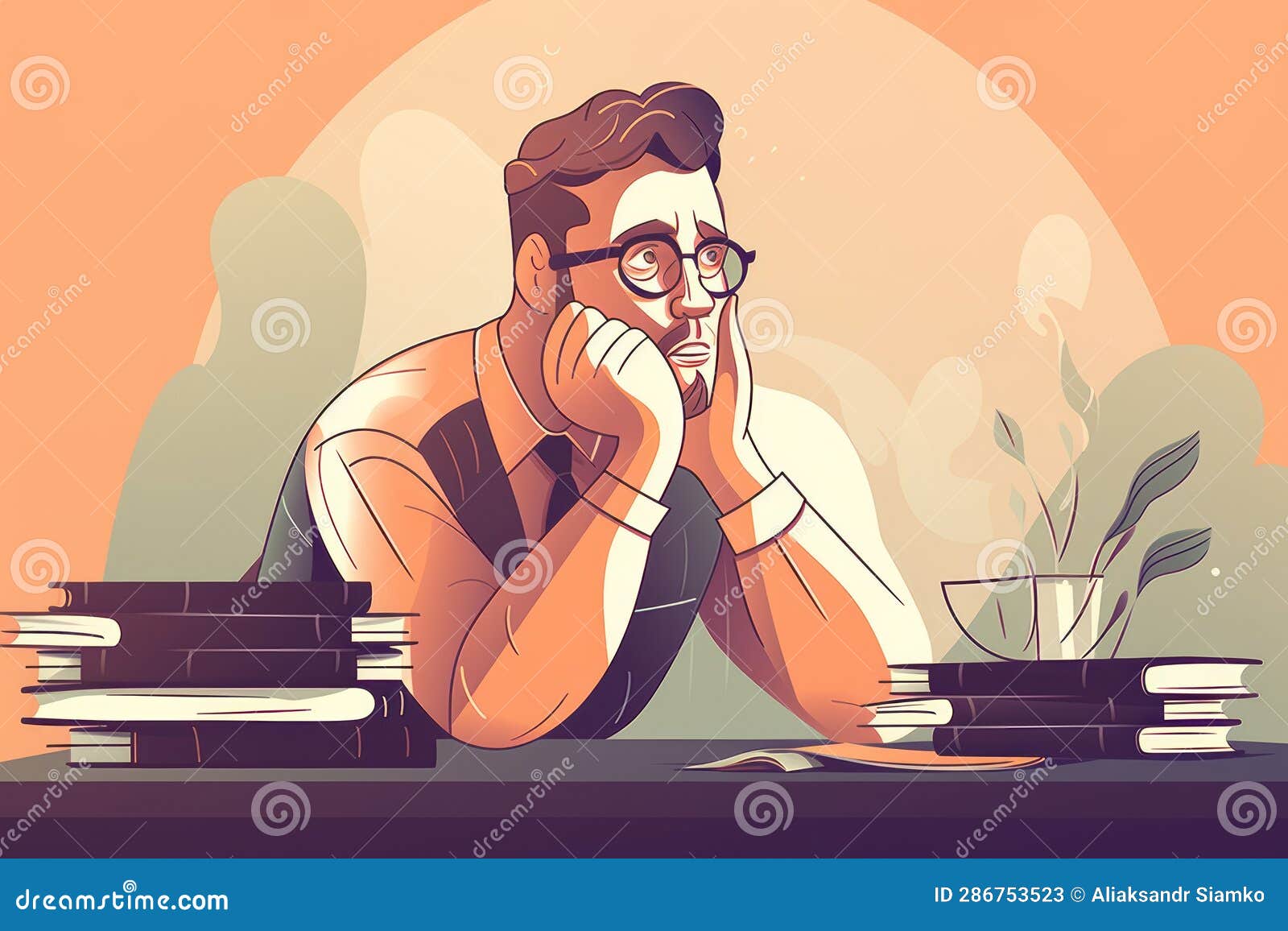 Pensive Guy Suit at Desk Studying Thinking or Pondering of Problems ...