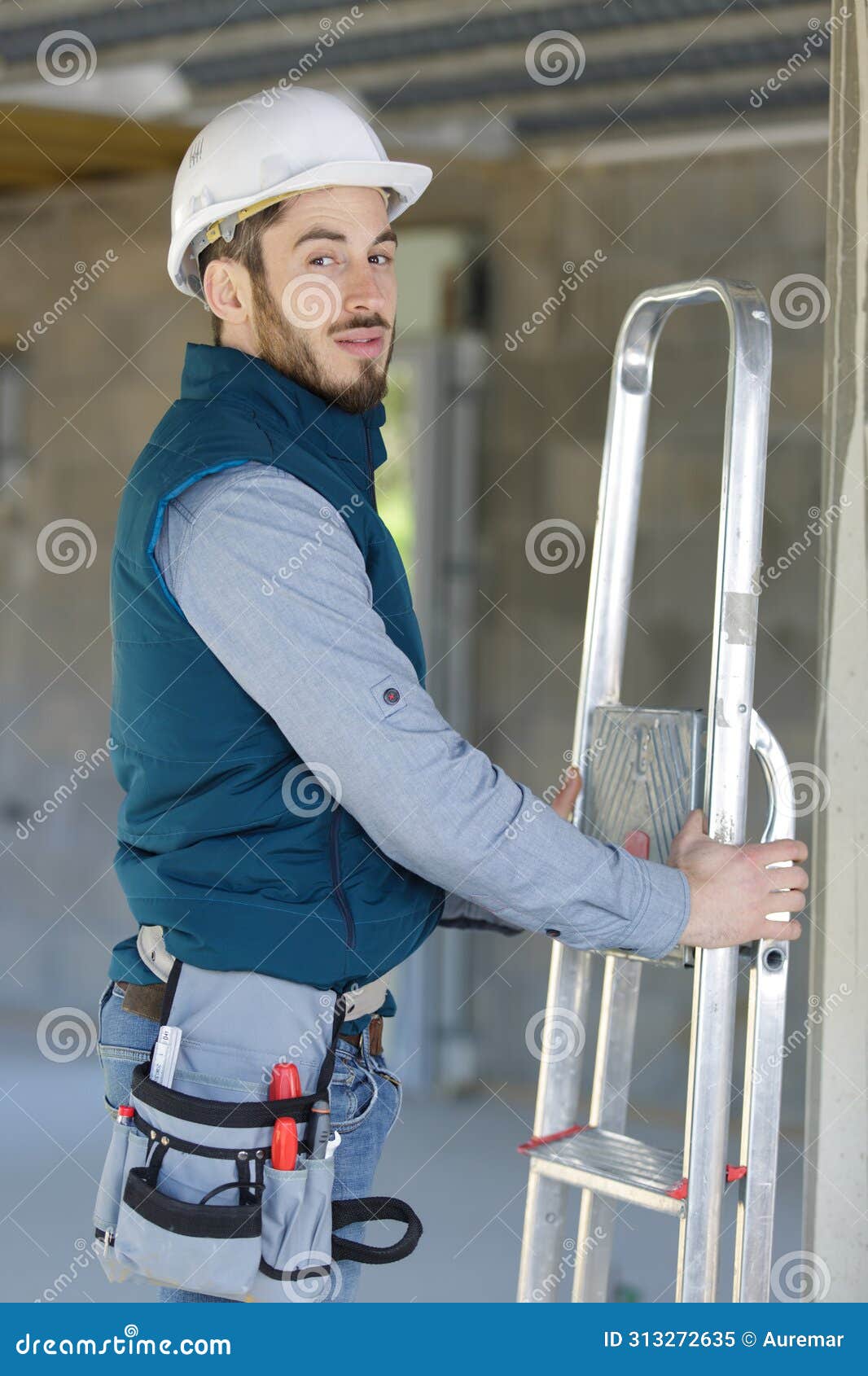Pensive Handsome Construction Worker on Ladder Stock Image - Image of ...
