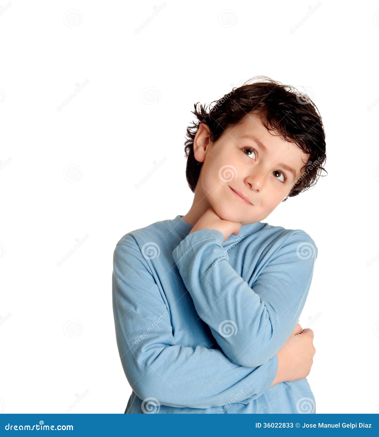 Pensive happy boy in blue stock image. Image of closeup - 36022833