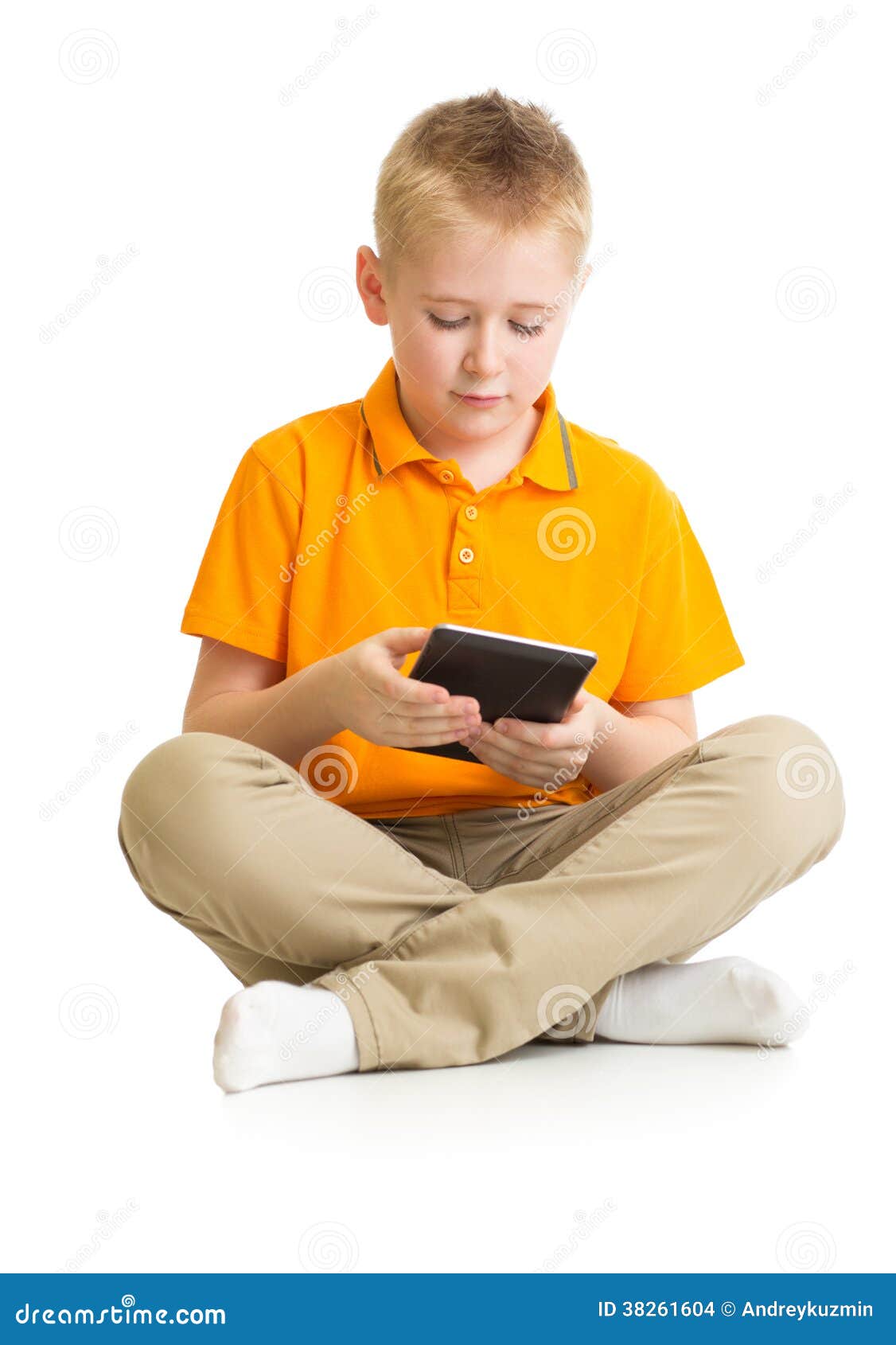 Pensive Kid Boy Sitting with Tablet Pc or Phablet Isolated Stock Photo ...