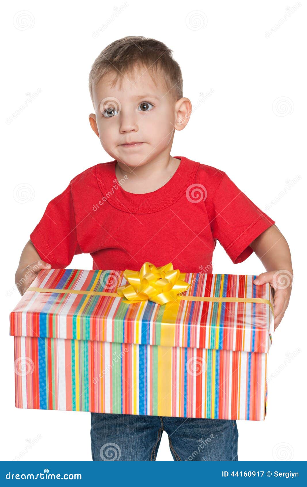 Pensive Little Boy Holds a Gift Box Stock Image - Image of isolated ...