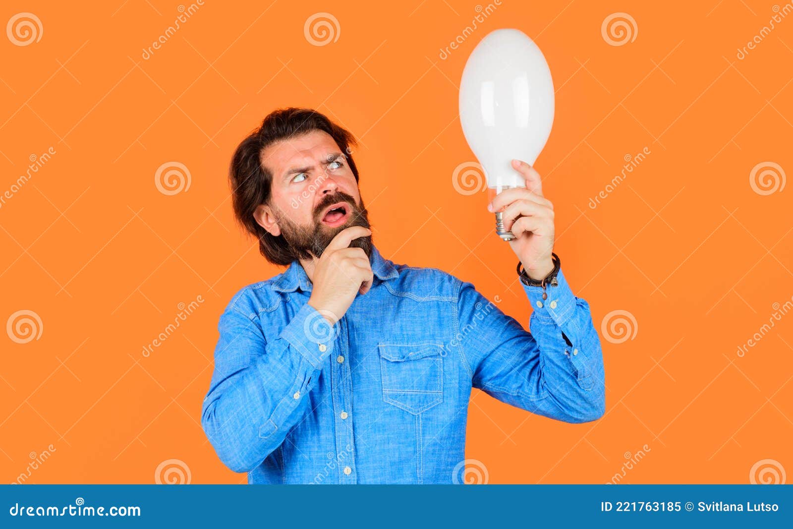 Pensive Man with Big Lamp. Bearded Thinking Man with Light Bulb. New ...