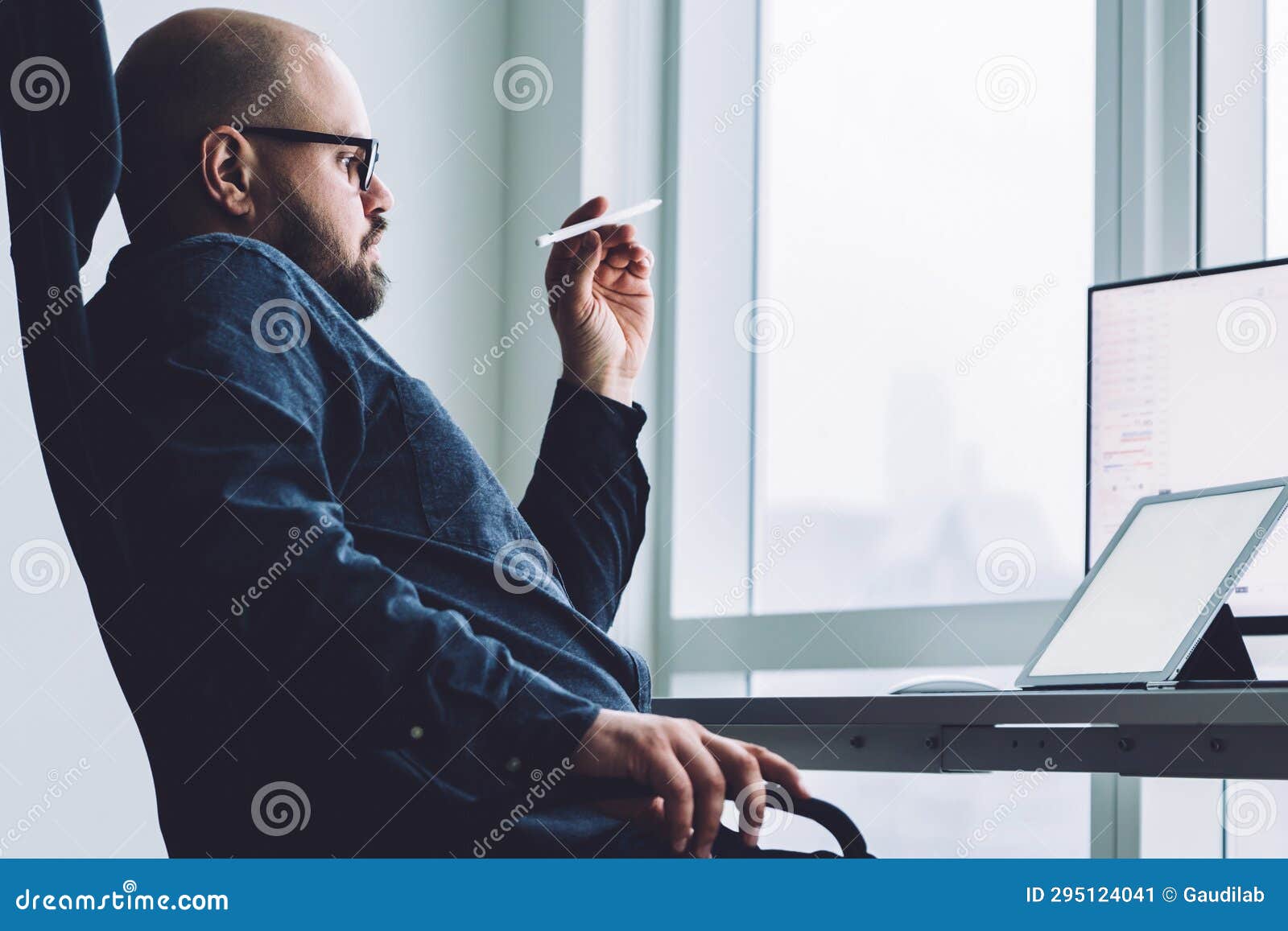 Pensive Man with Devices at Office Desk Stock Image - Image of analyze ...