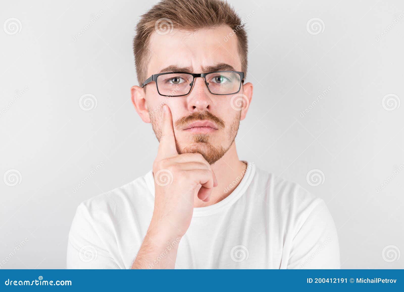 Pensive Man in Glasses Isolated on Grey White Blank Pose Look Forward ...