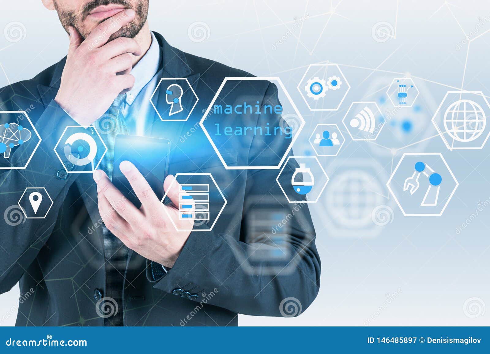 Pensive Man with Phone, Machine Learning Stock Image - Image of glowing ...