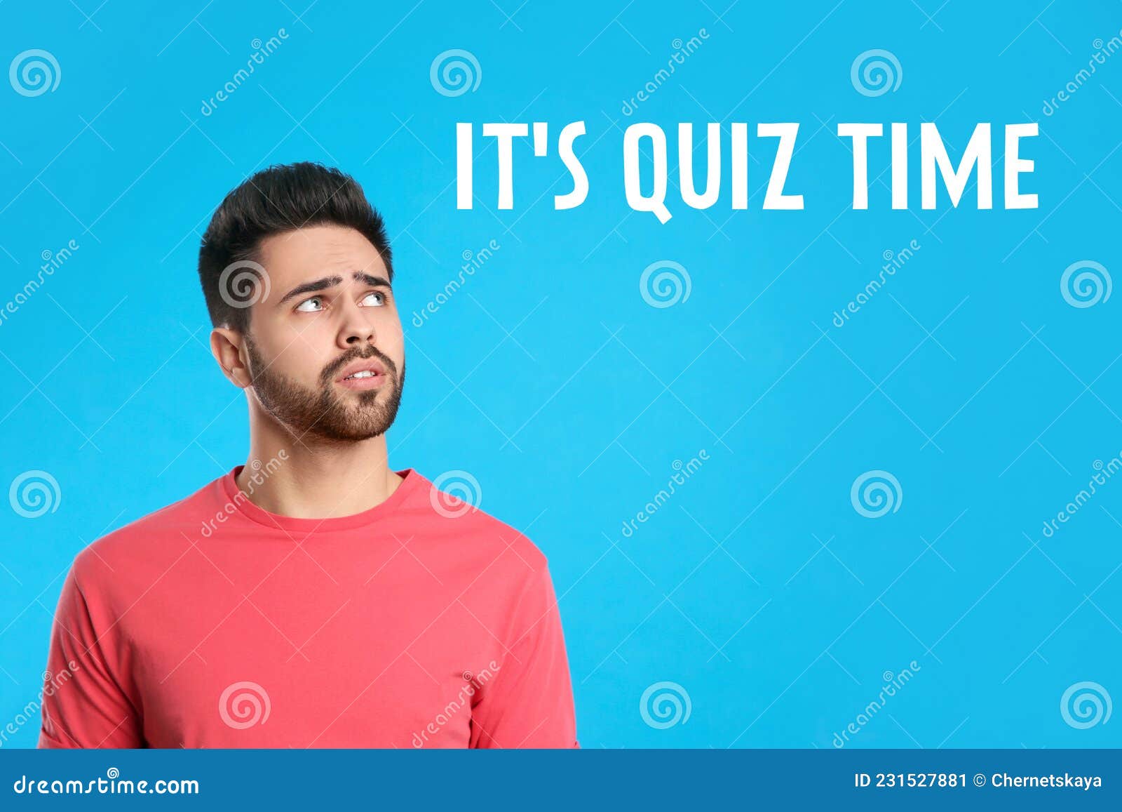 Pensive Man and Phrase it`S QUIZ TIME on Light Blue Background Stock ...
