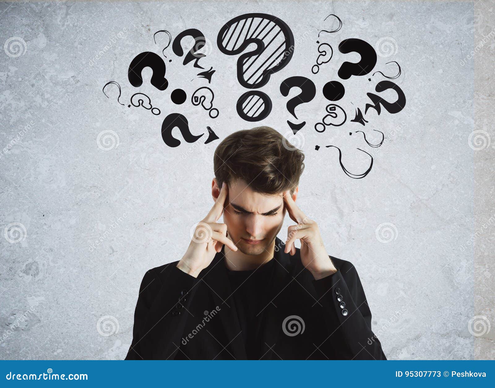Pensive man with questions stock image. Image of idea - 95307773