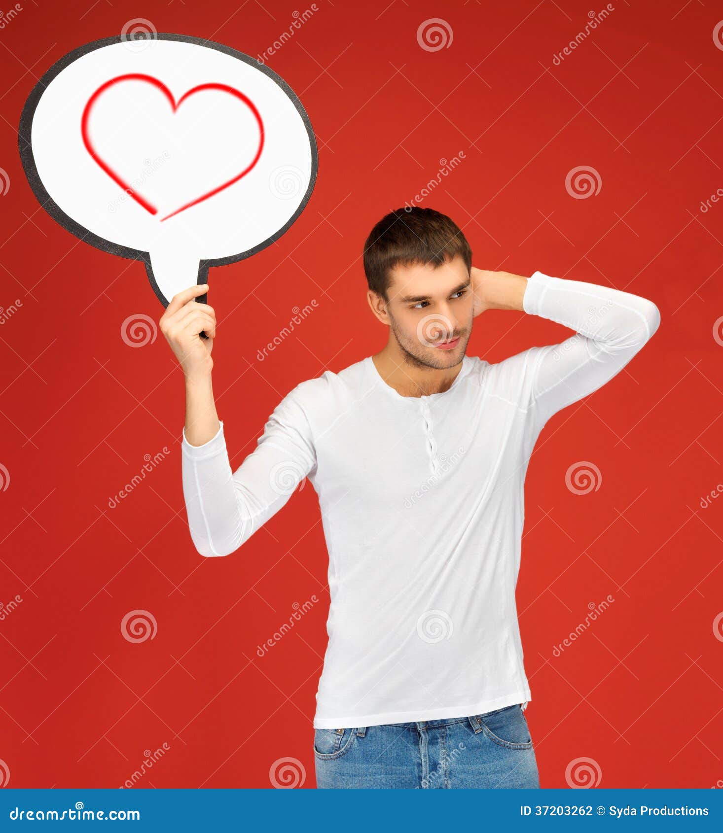 Pensive Man with Text Bubble and Heart in it Stock Photo - Image of ...