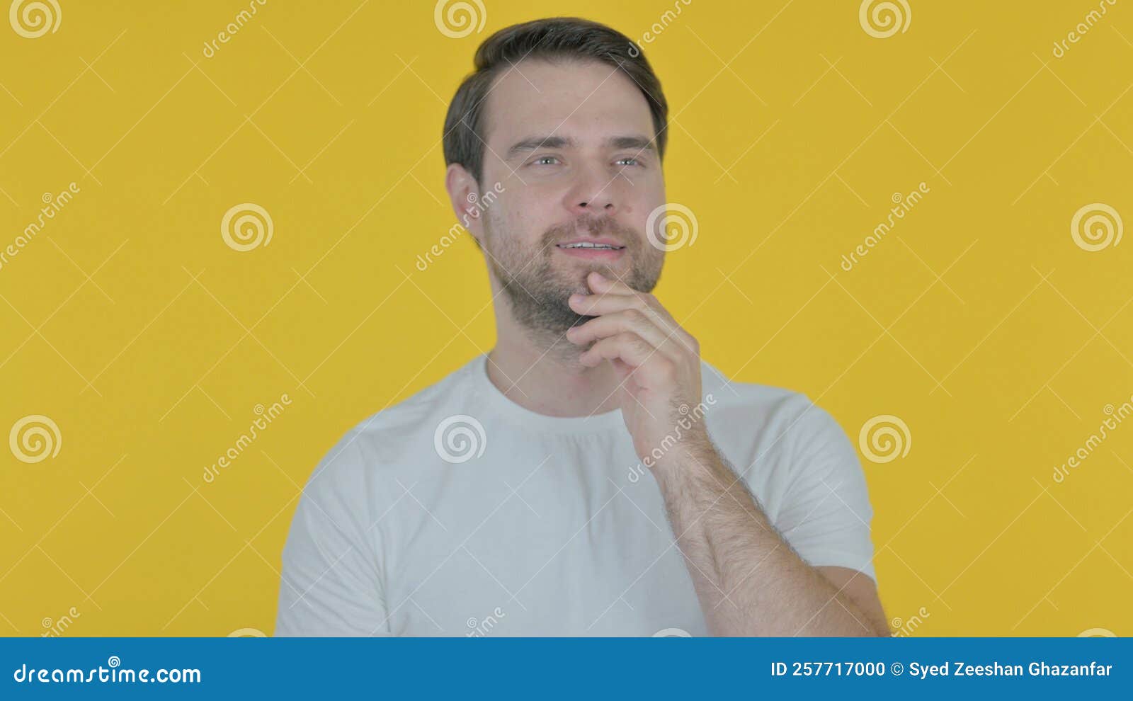 Pensive Man Thinking and Getting Idea on Yellow Background Stock Photo ...