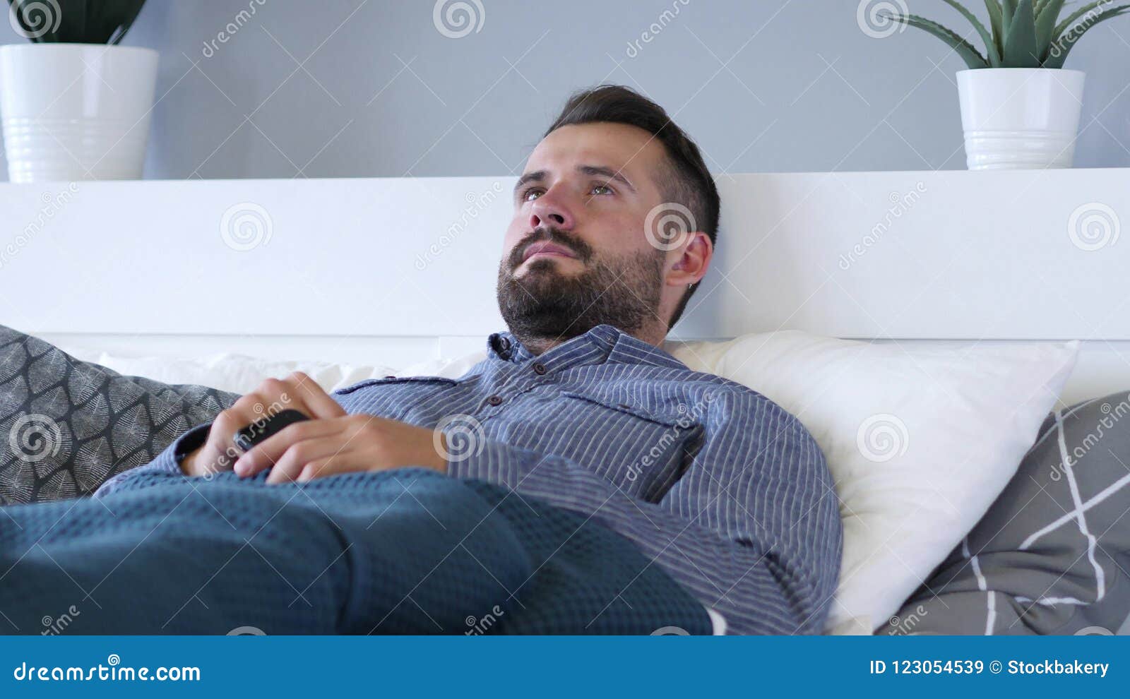 Pensive Man Thinking while Lying in Bed Stock Image - Image of ...