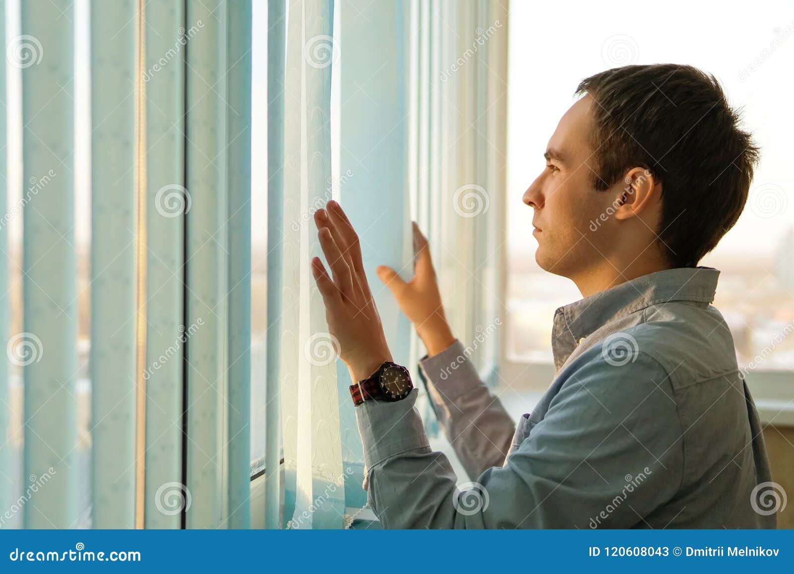 Pensive Man Thinking of Something Behind Venetian Blind Stock Image ... Pensive Man Thinking of Something Behind Venetian Blind Stock Image ...