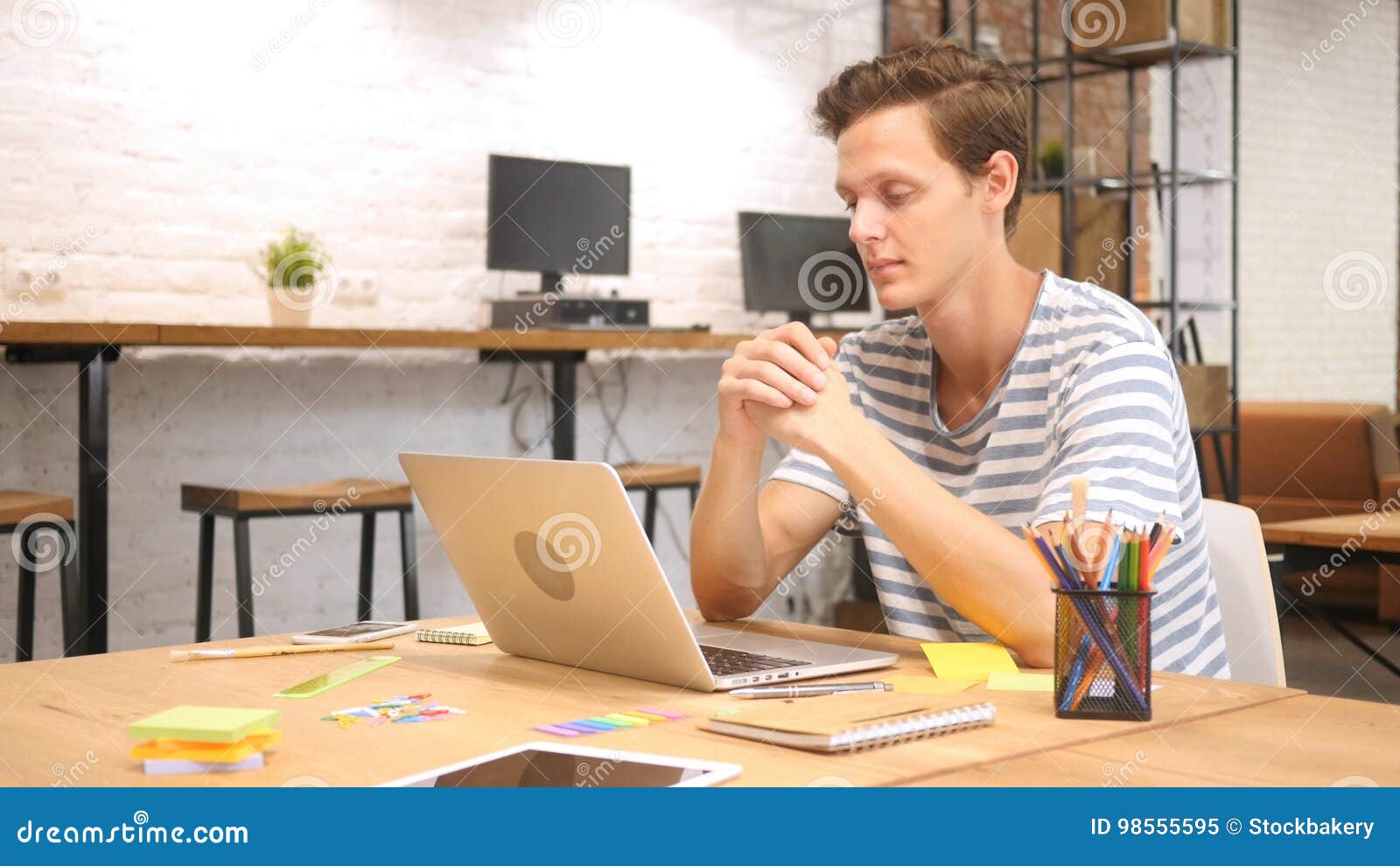 Pensive Man Thinking at Work, Sitting in Office Stock Image - Image of ...