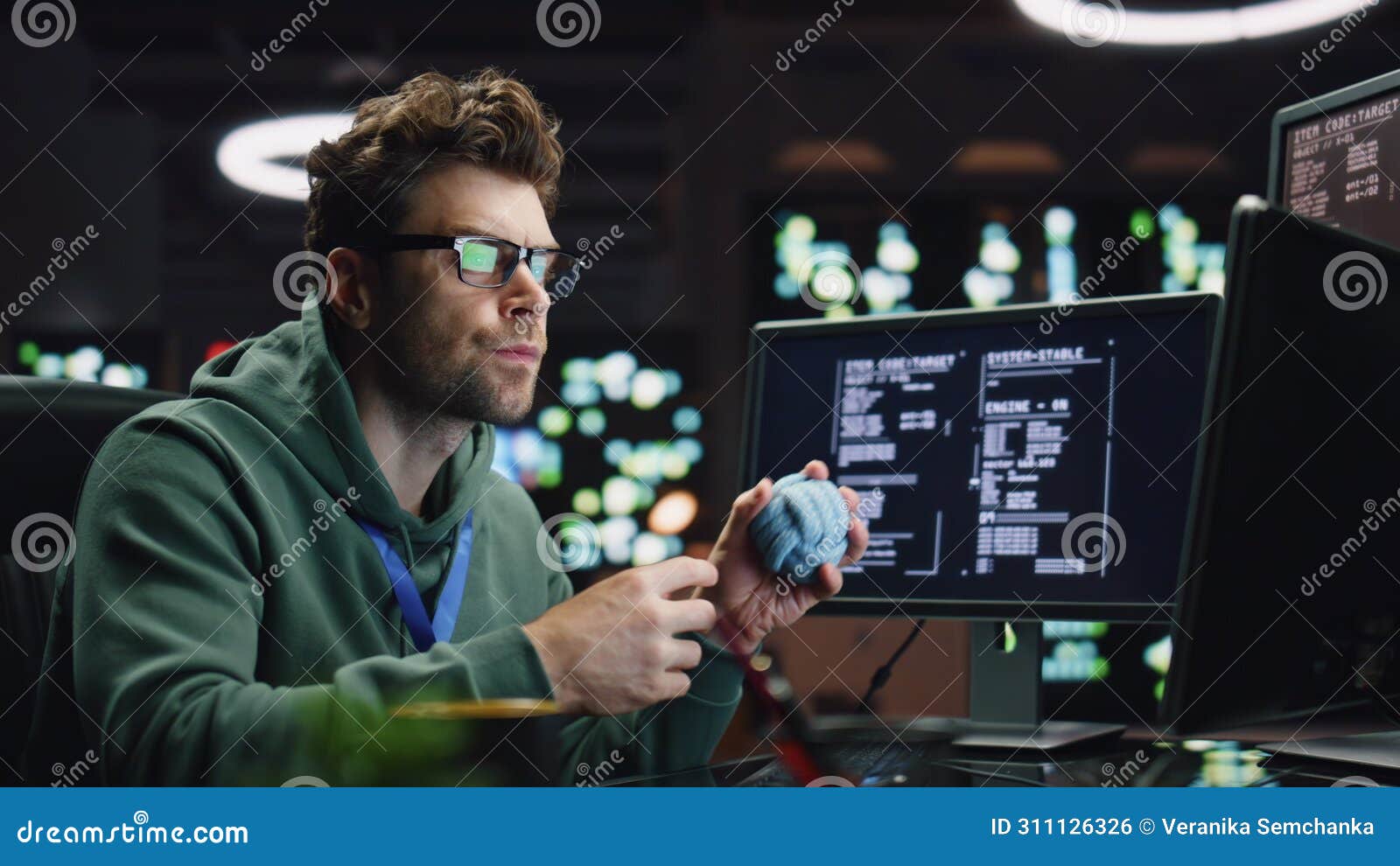 Pensive It Man Working Computer In Late Data Center Closeup Coder Guy