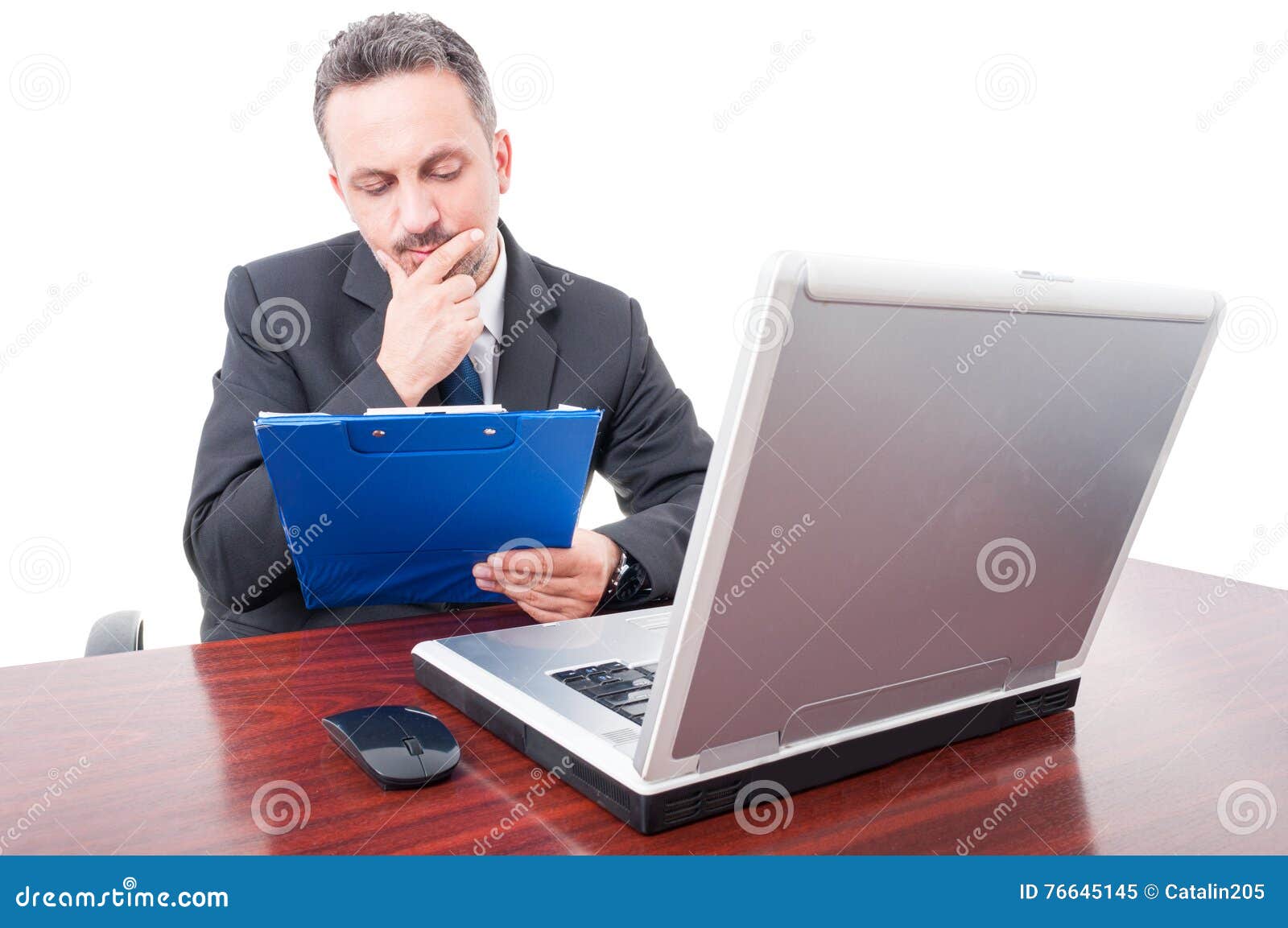Pensive Manager Reading Something from Clipboard Stock Image - Image of ...