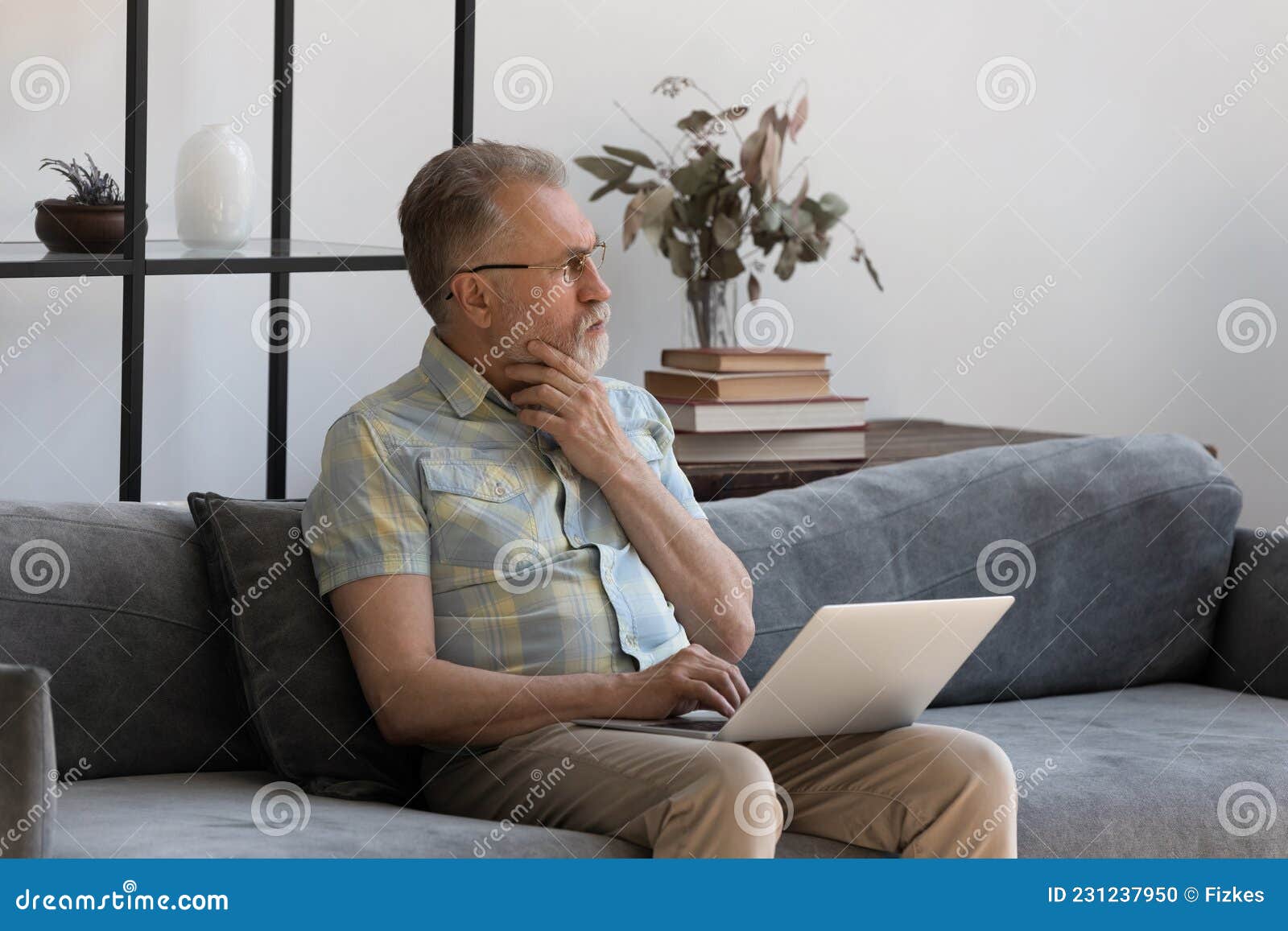 Pensive Middle Aged 60s Man Using Computer. Stock Photo - Image of ...