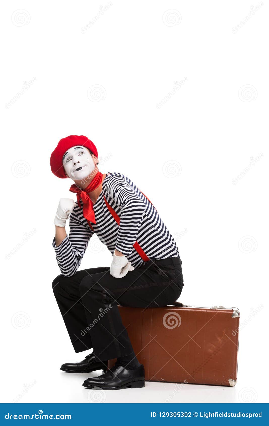 Pensive Mime Sitting on Brown Suitcase Stock Photo - Image of comedian ...