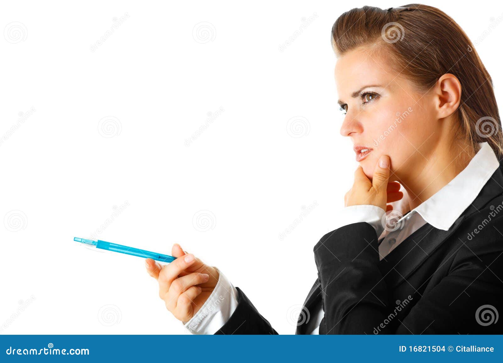 Pensive Modern Business Woman with Pen Stock Photo - Image of clever ...