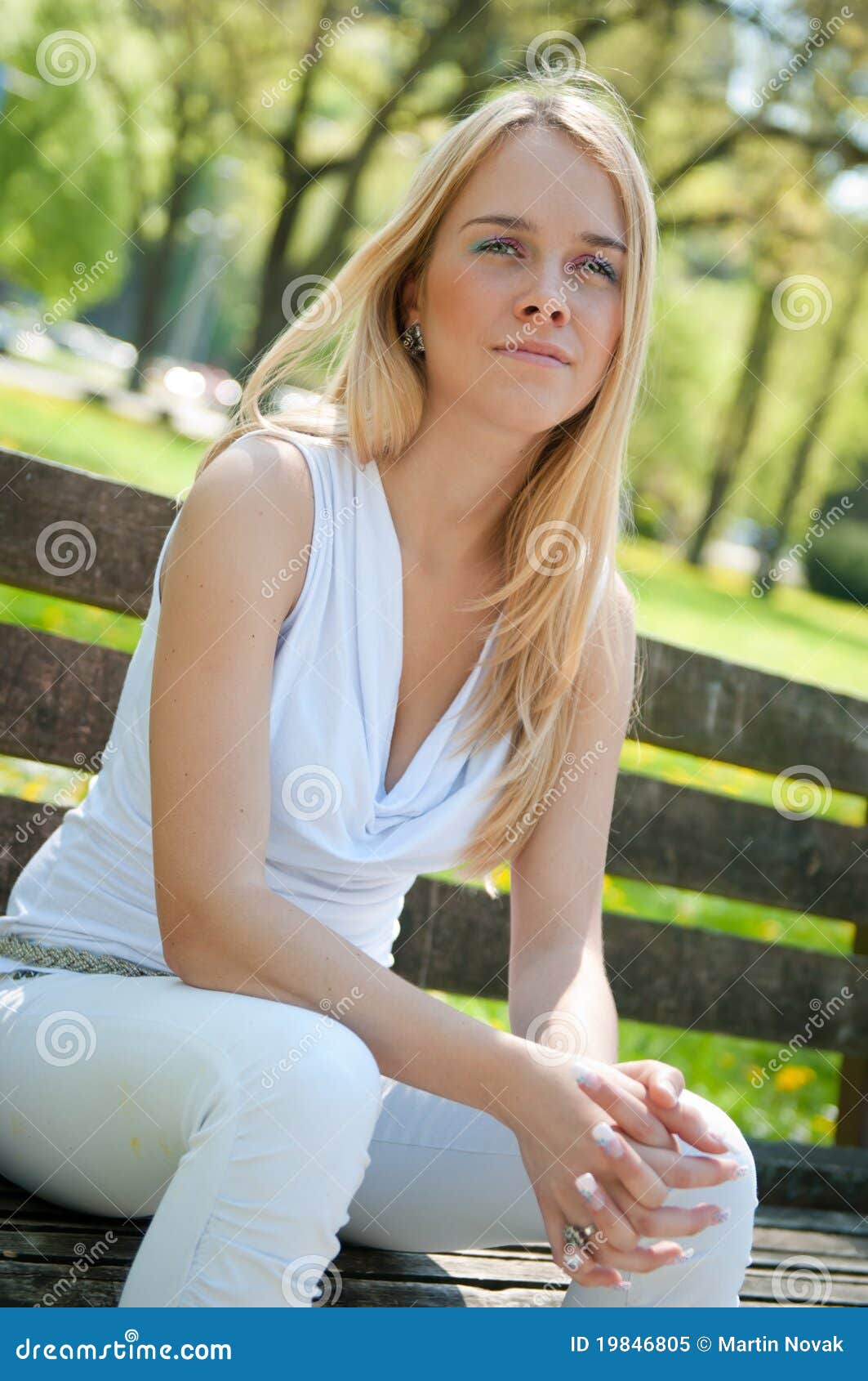 Pensive Mood - Woman on Bench Stock Image - Image of lady, beautiful ...