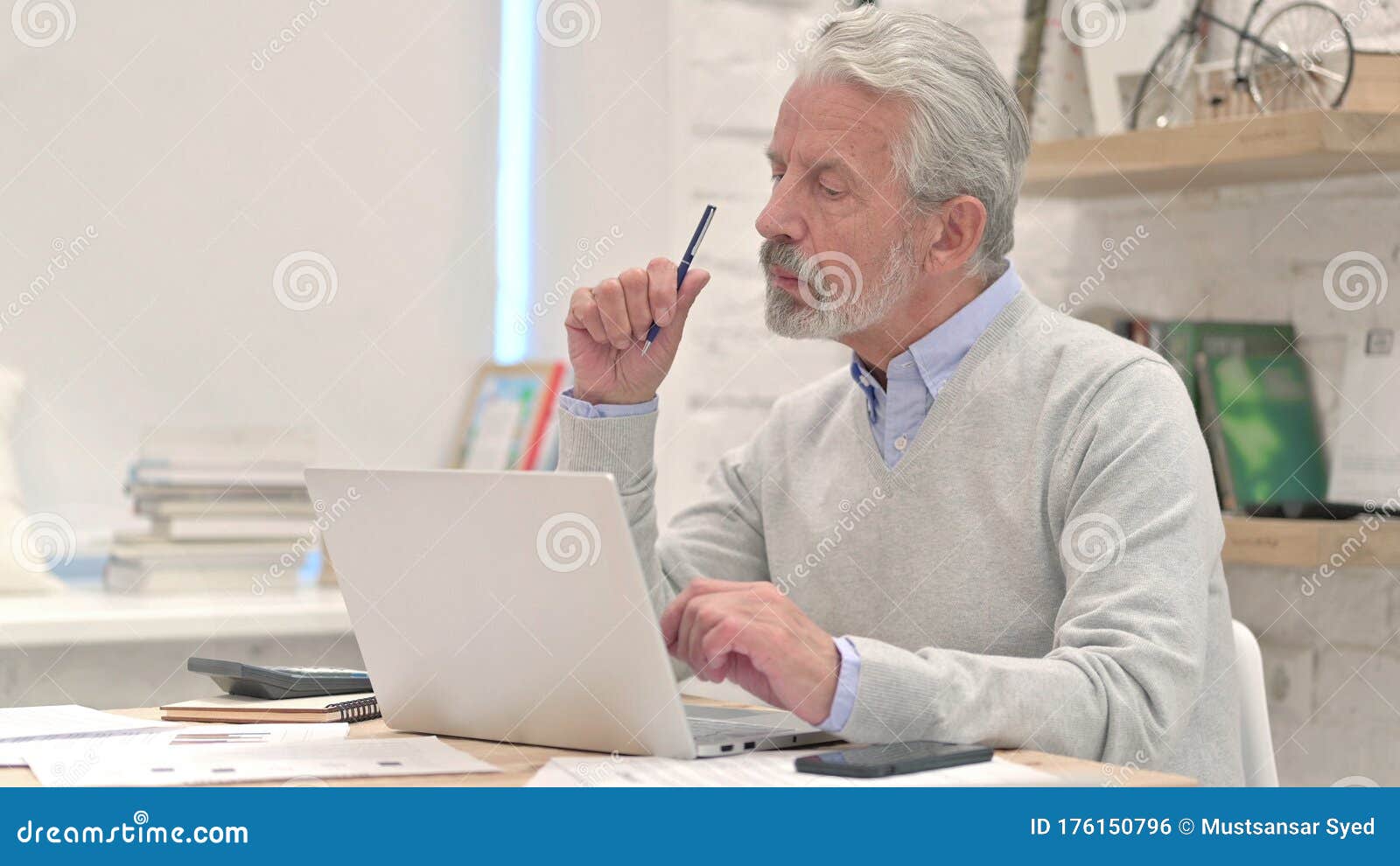 Pensive Senior Old Man Thinking at Work Stock Photo - Image of working ...