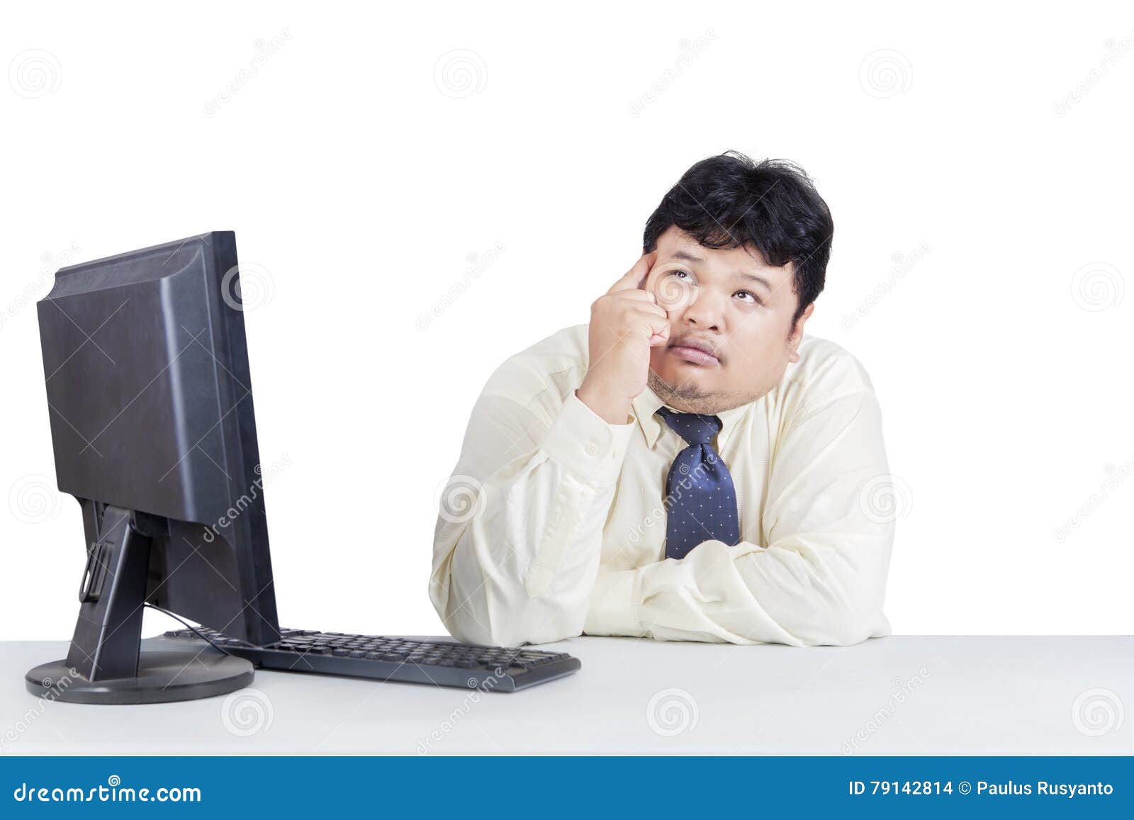 Pensive Overweight Businessman Working with Computer Stock Photo ...