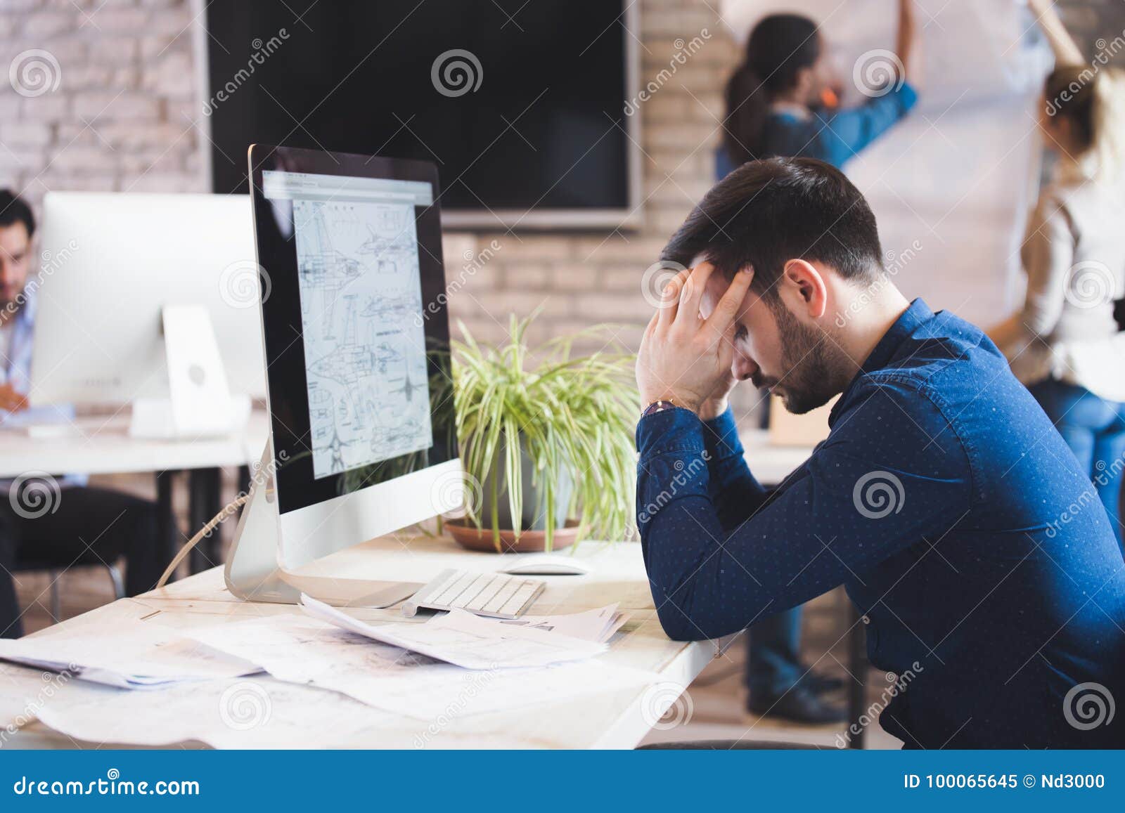 Overworked Architect Analyzing Blueprint Engineering Project Plan Stock ...