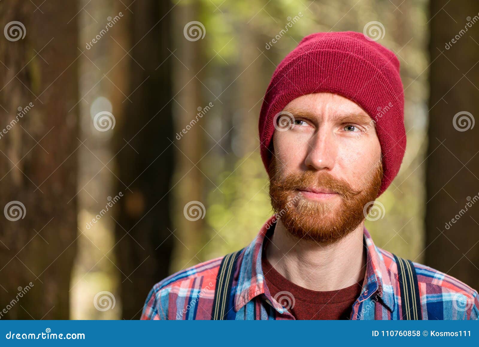 Pensive Portrait of a Bearded Man in a Red Hat Stock Photo - Image of ...
