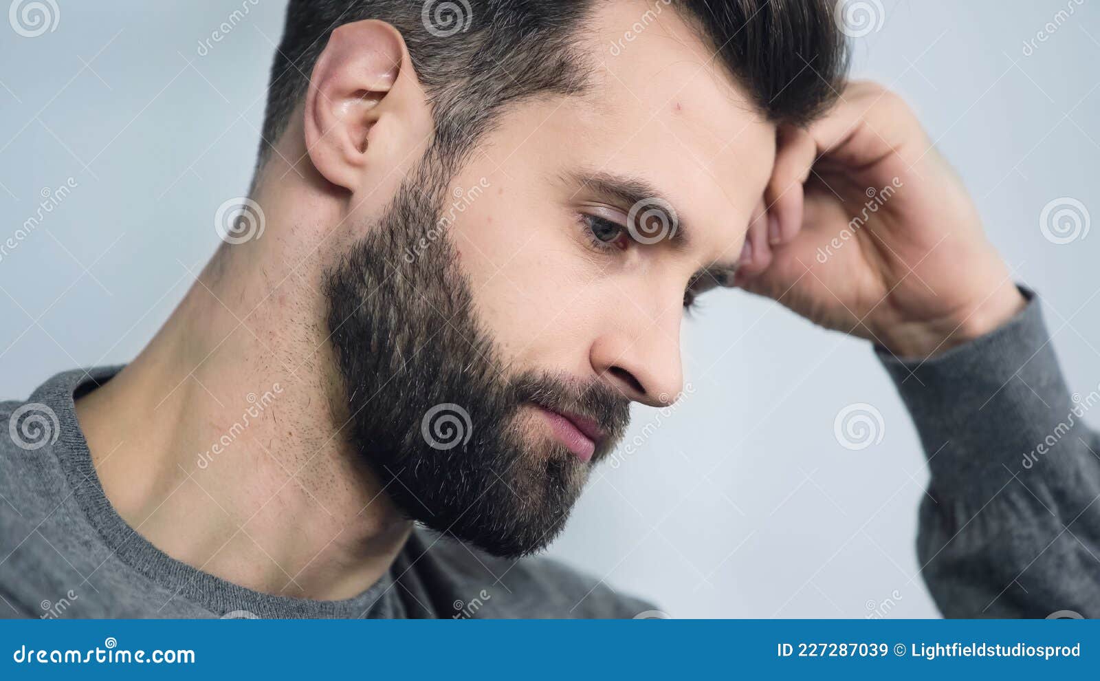 Pensive and Sad Man Touching Forehead Stock Image - Image of stressed ...