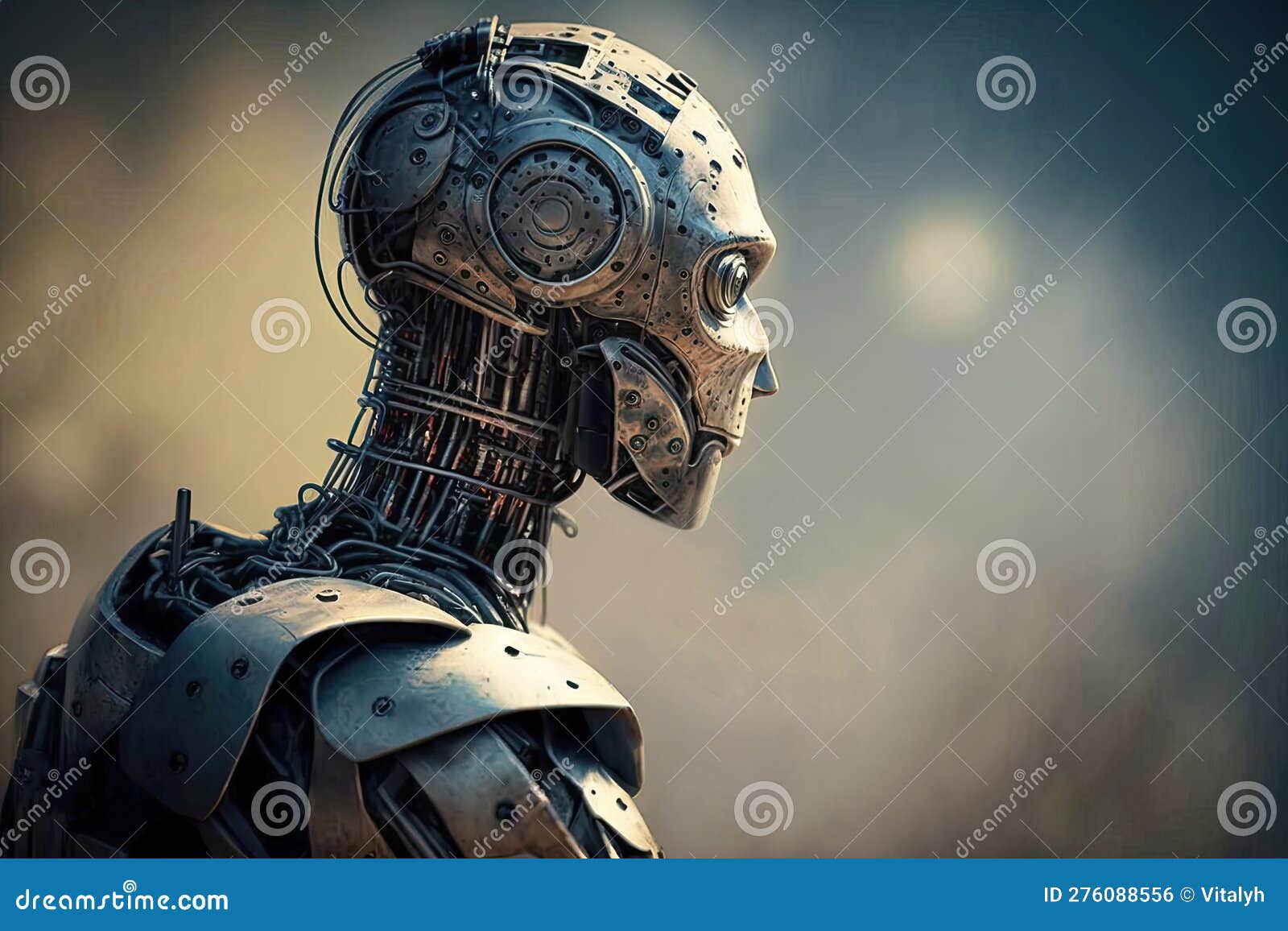 A Pensive, Sad Robot on a Blurry Dark Background. Stock Illustration ...
