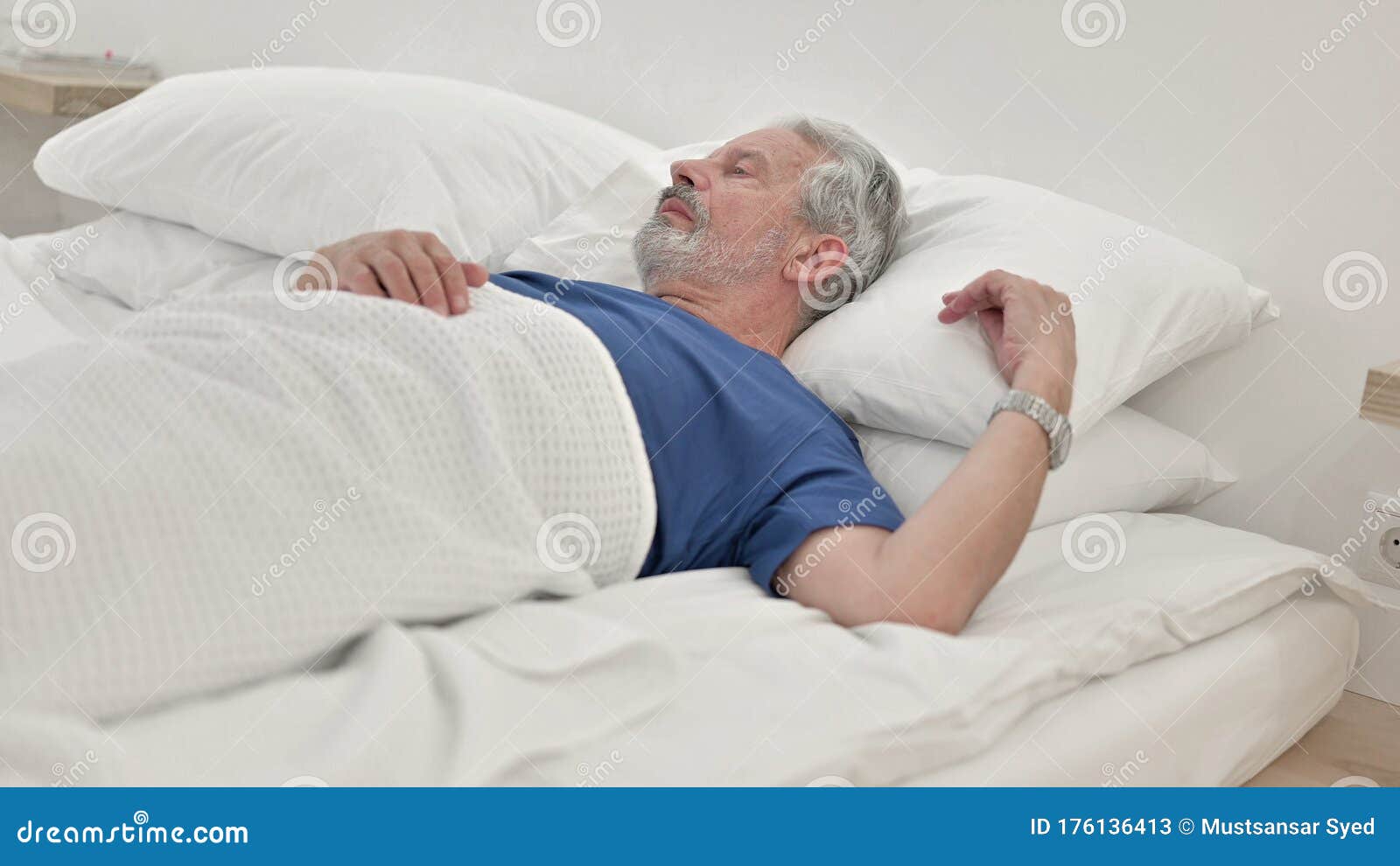 Pensive Senior Old Man Lying in Bed Stock Image - Image of businessman ...