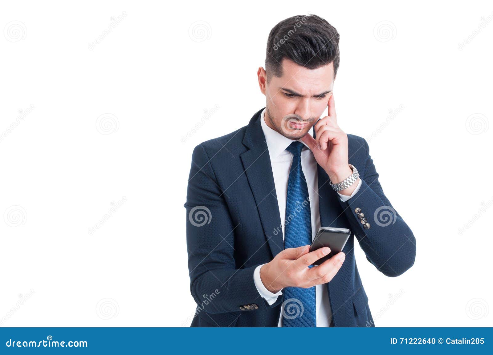 Pensive Serious Businessman Looking Down at Mobile Phone Stock Photo ...