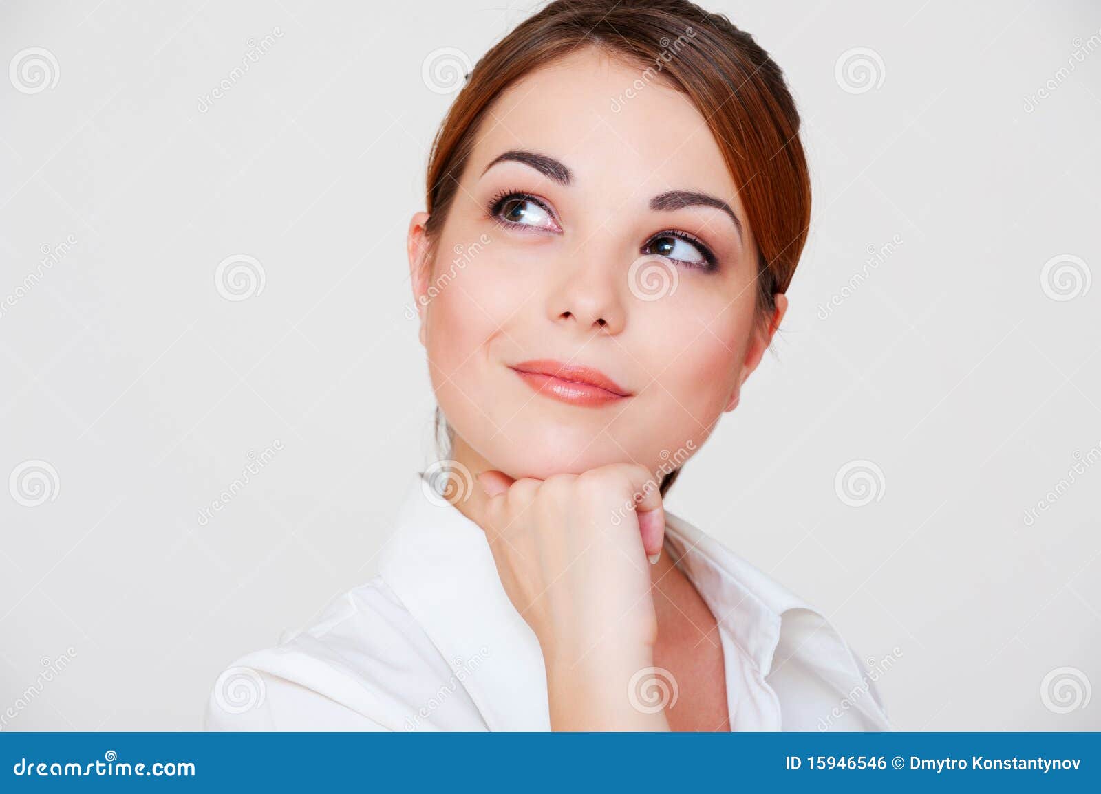 Pensive Smiley Woman Looking Up Stock Photo - Image of business ...