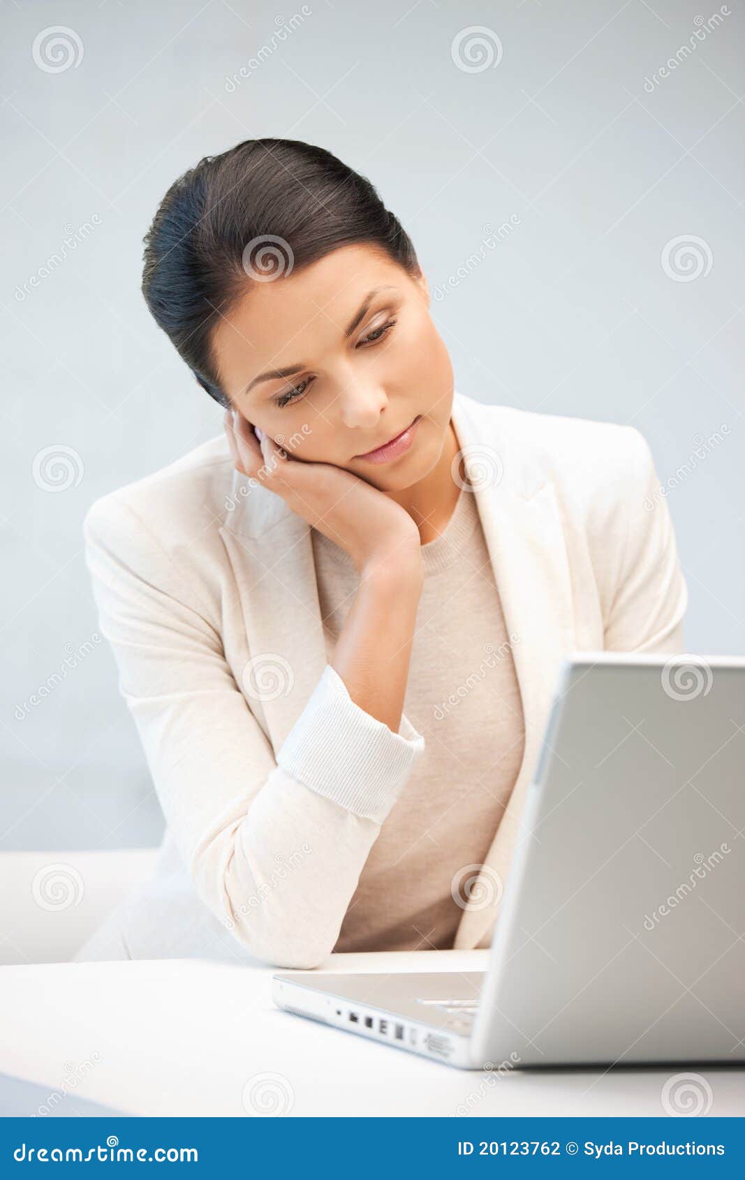 Pensive Woman with Laptop Computer Stock Photo - Image of internet ...