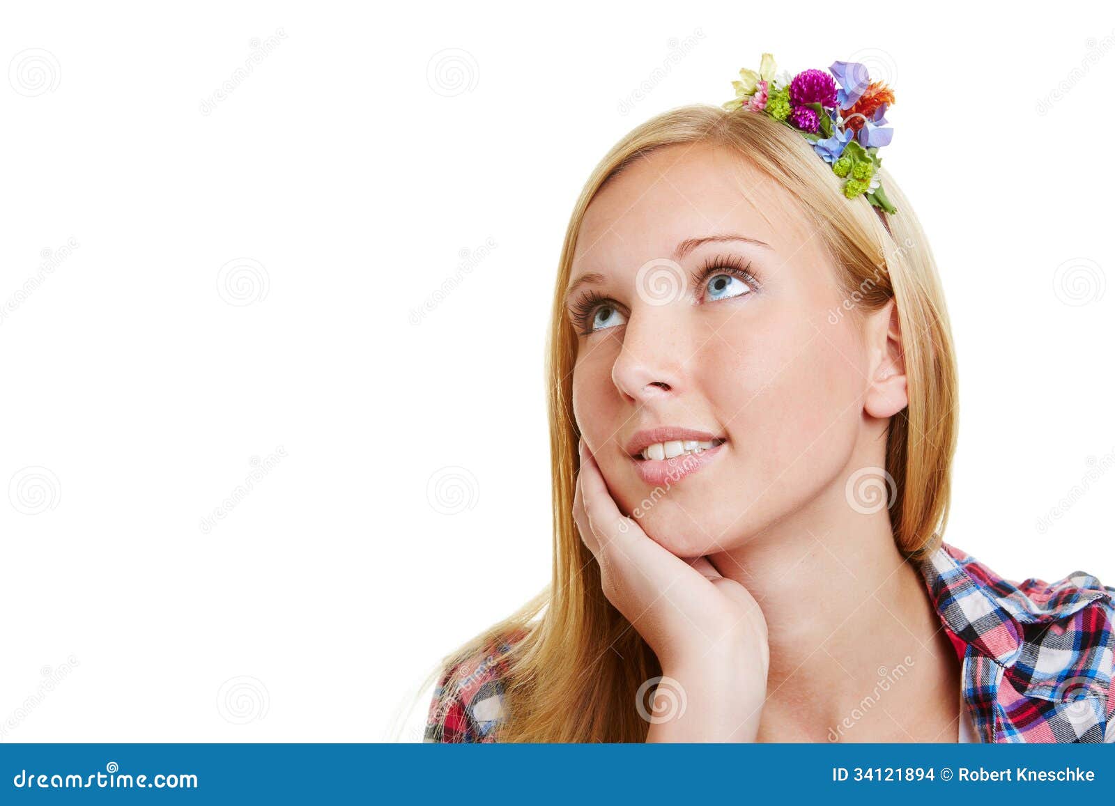 Pensive Woman Looking Up Thinking Stock Photo - Image of dream, cutout ...