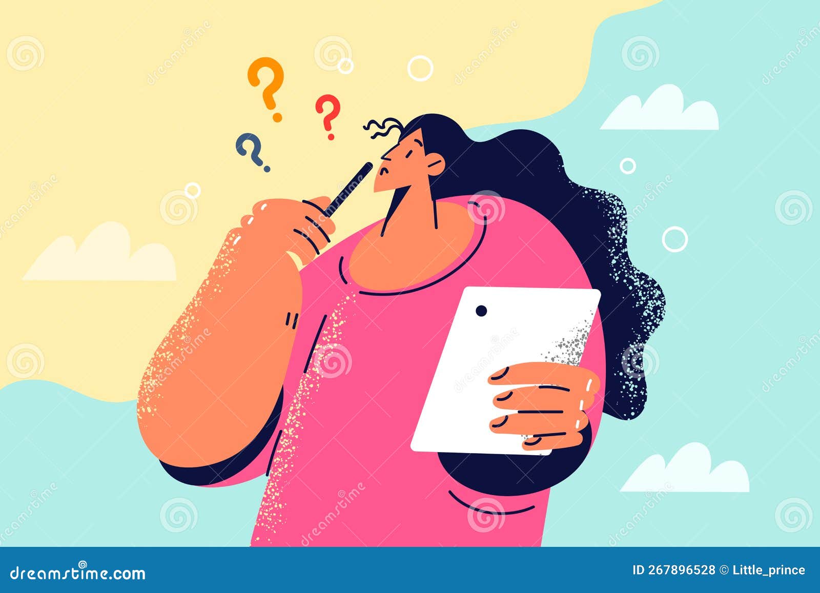 Pensive Woman Work on Tablet Think of Solution Stock Vector ...