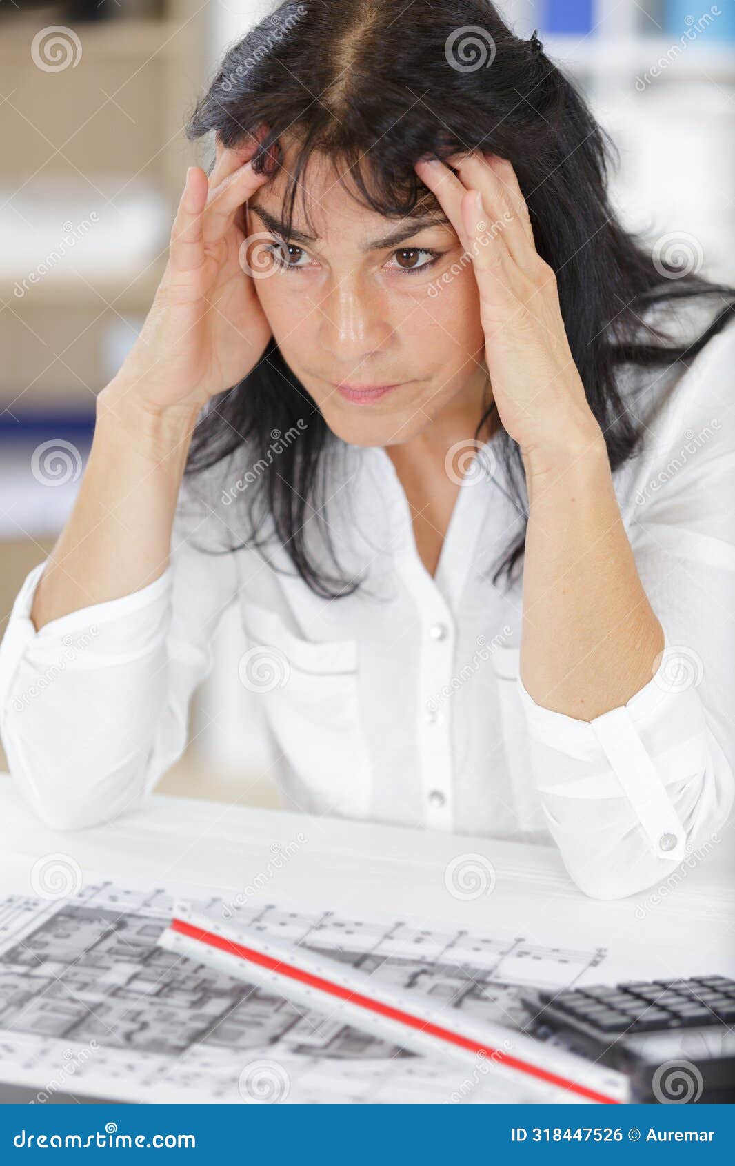 Pensive Young Architect Having Problem with Technical Drawings Stock ...