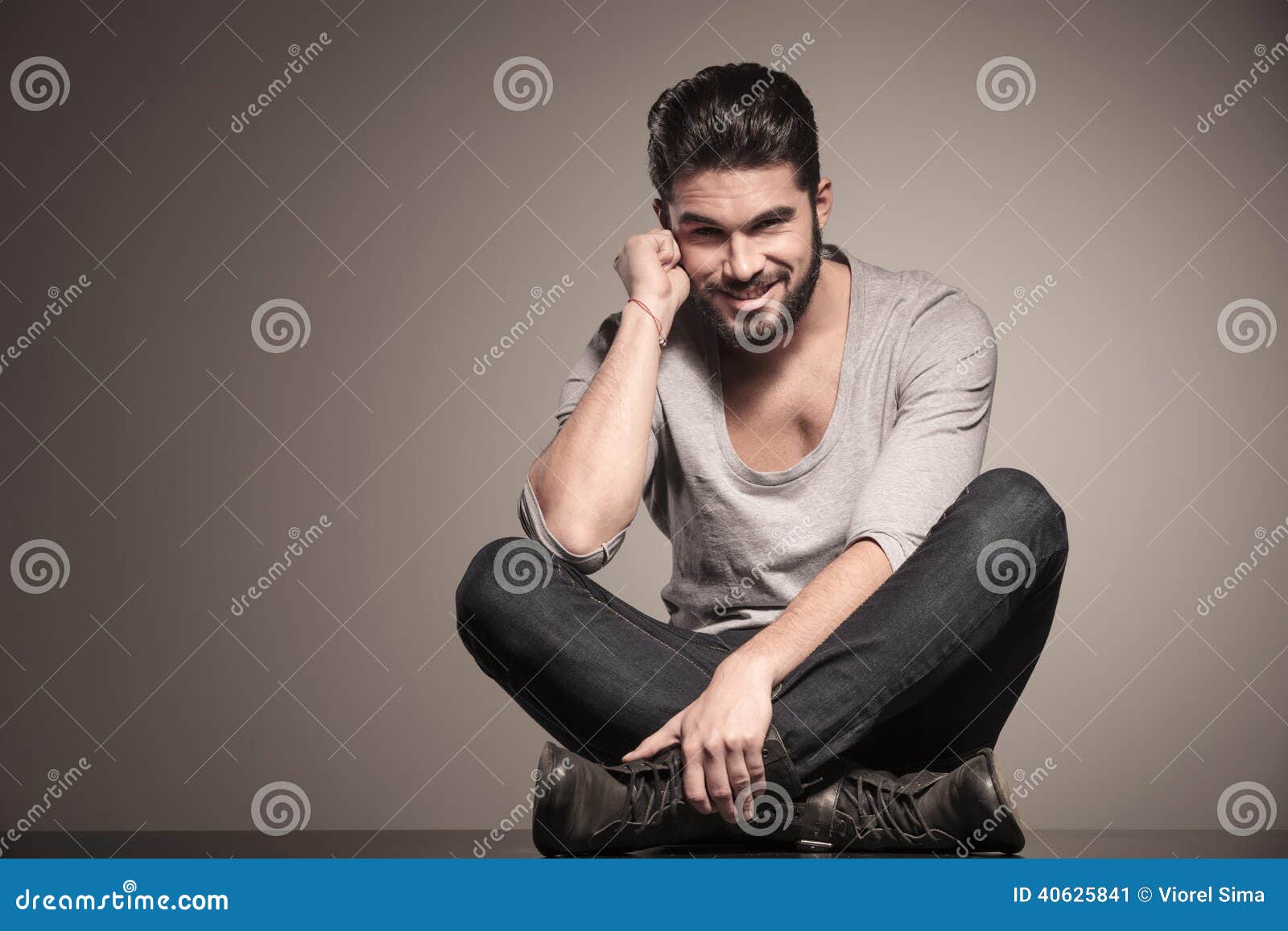 Pensive Young Man with Beard Smiling Stock Image - Image of handsome ...