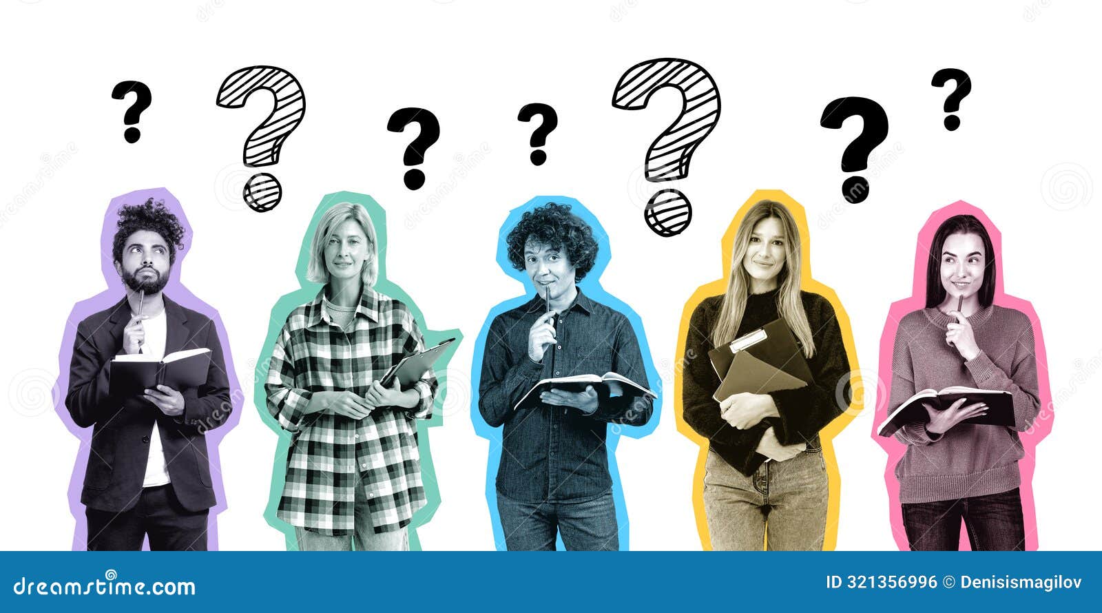 Pensive Young People Students with Doodle Question Marks, Brainstorm ...