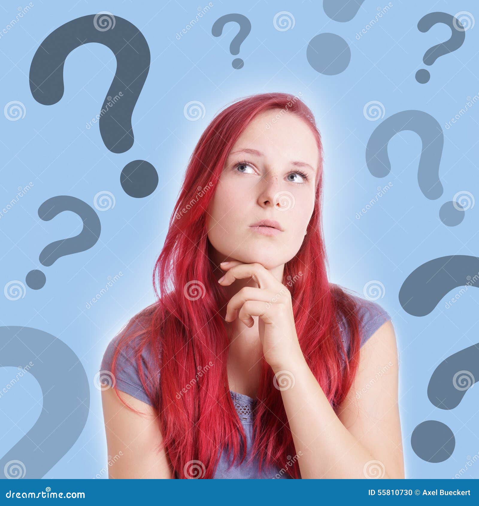 Pensive Young Woman with Interrogation Marks Stock Photo - Image of ...