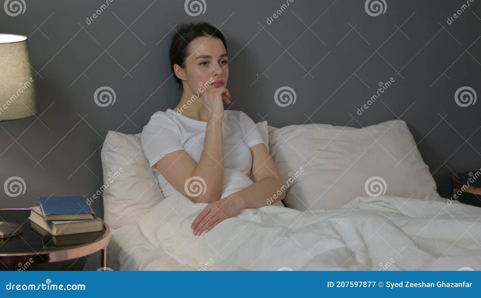 Pensive Young Woman Thinking in Bed Stock Image - Image of females ...