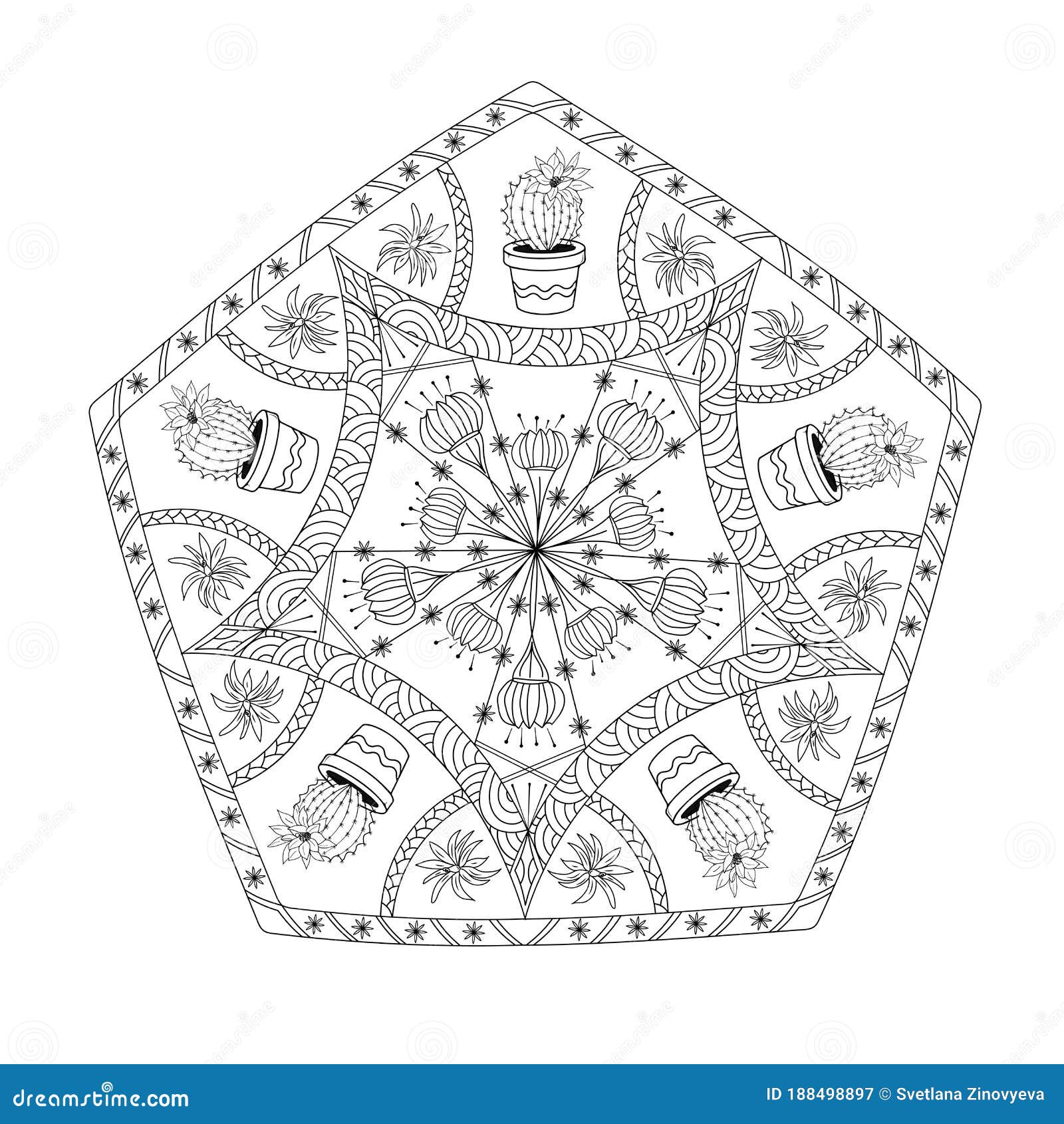 Pentagonal Mandala with Cactus. Black Lines on a White Background Stock ...