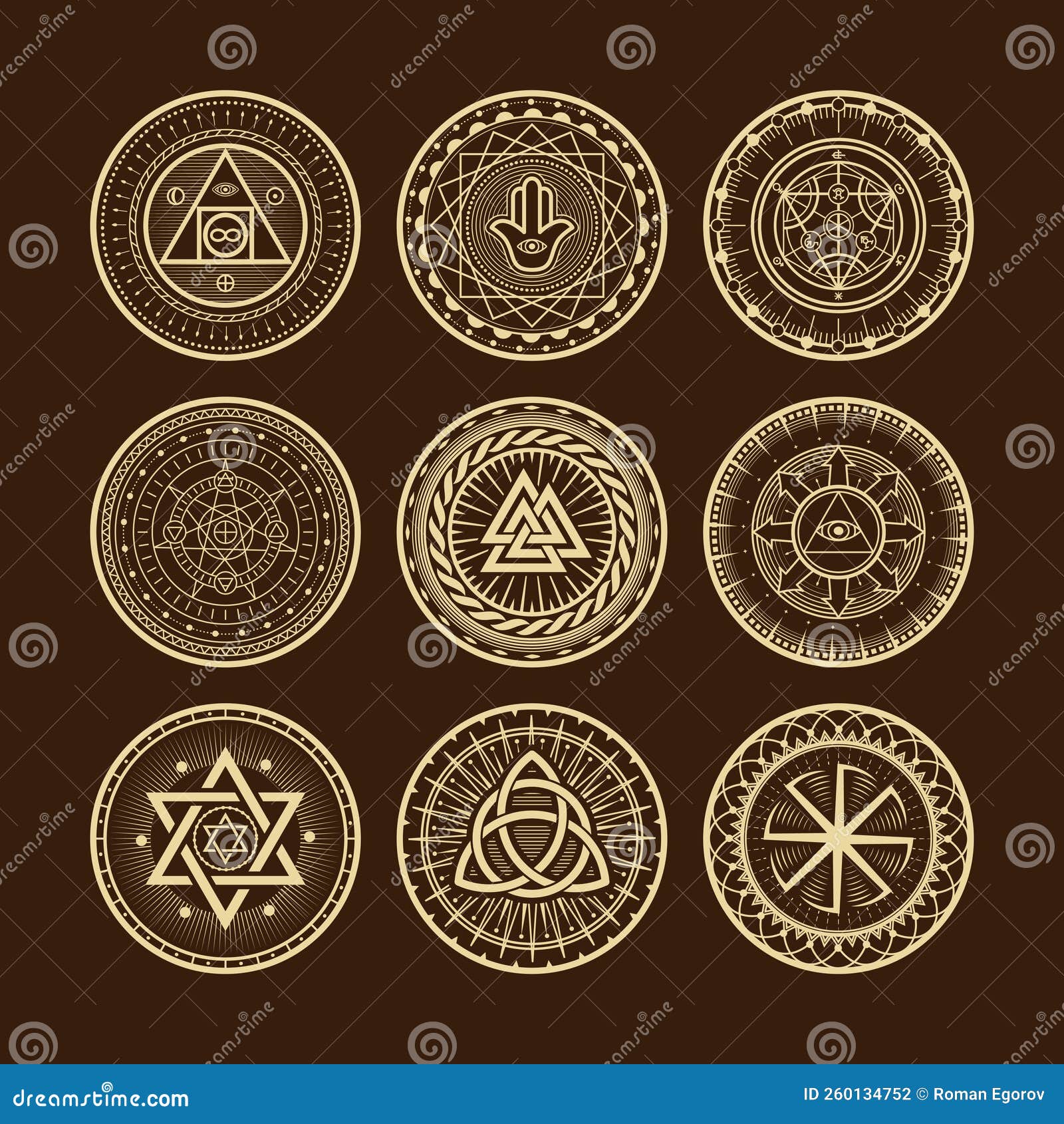 Pentagram Symbols Set Magic Egypt Logo Collection Gold Illuminati