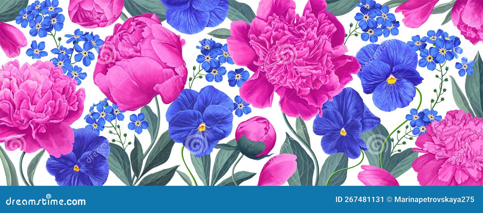 Horizontal Botanical Background with Spring Flowers. Pink Peonies, Blue Pansies, Forget-me-not ...