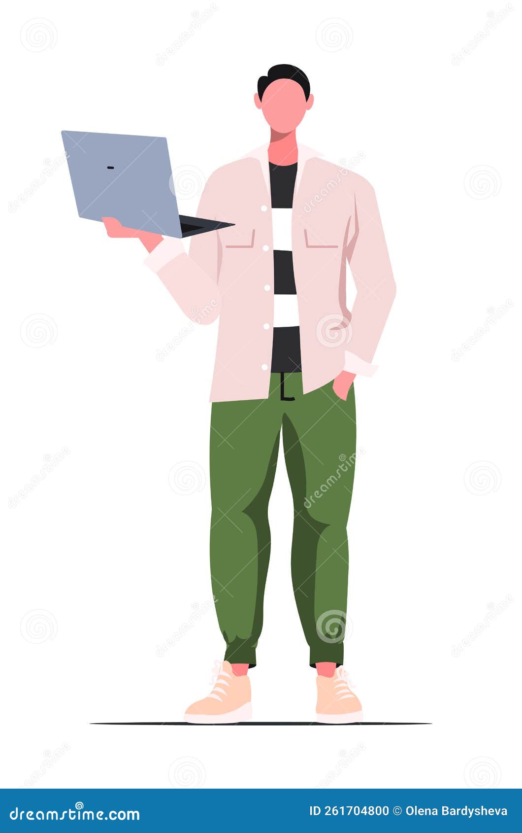 Young Guy in Casual Clothes with a Laptop in His Hands. Stock Vector ...
