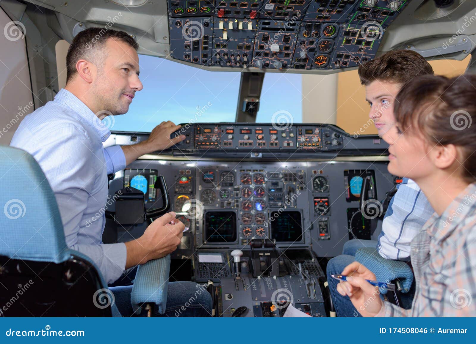 People in aircraft cockpit stock photo. Image of cockpit - 174508046