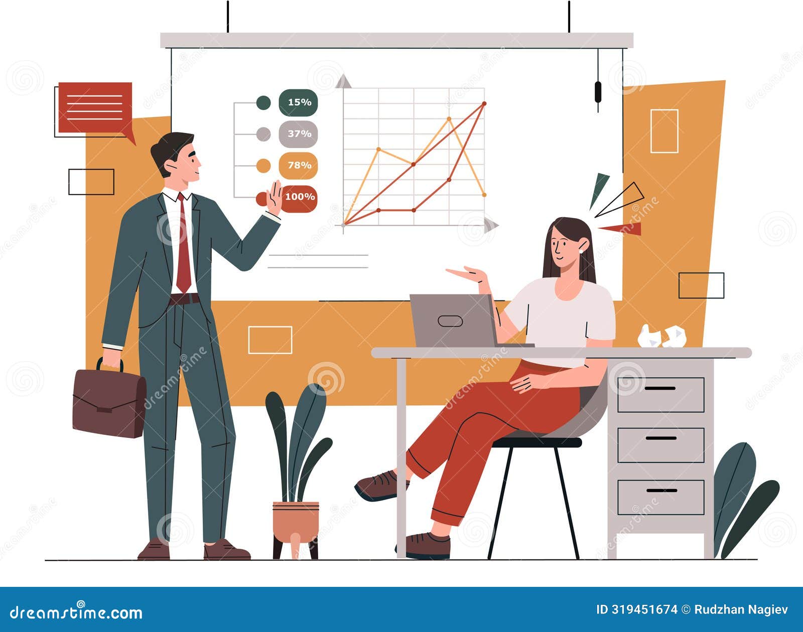 People Analyzing Data. Man and Woman Standing Next To Graphs and ...