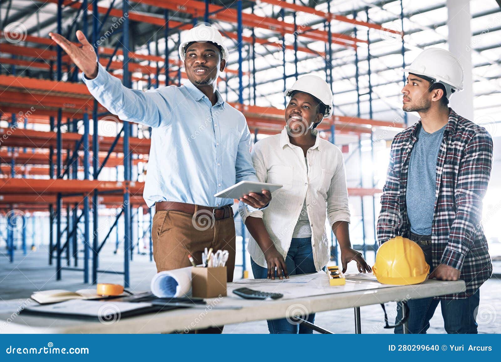 People, Architect and Tablet in Meeting for Construction, Blueprint ...